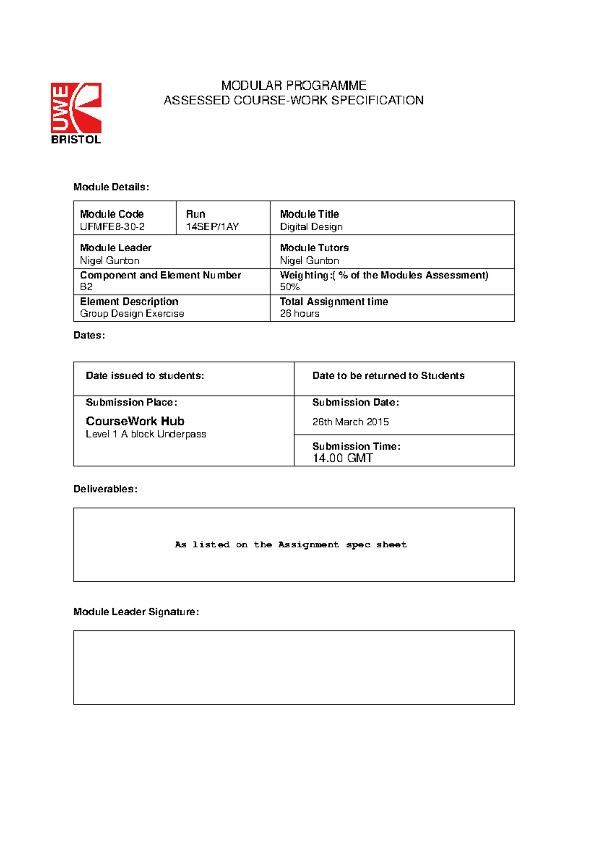 CPU Design Group Assignent - BRISTOL UWE MODULAR PROGRAMME ASSESSED ...