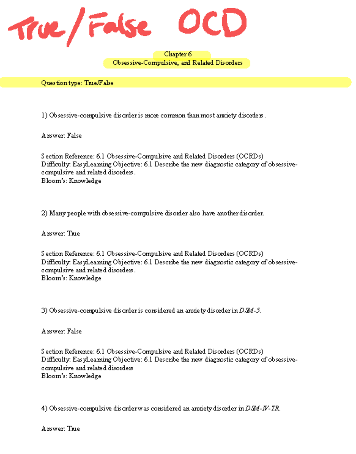 Chapter 6 - OCD - Test Review - Chapter 6 Obsessive-Compulsive, and ...