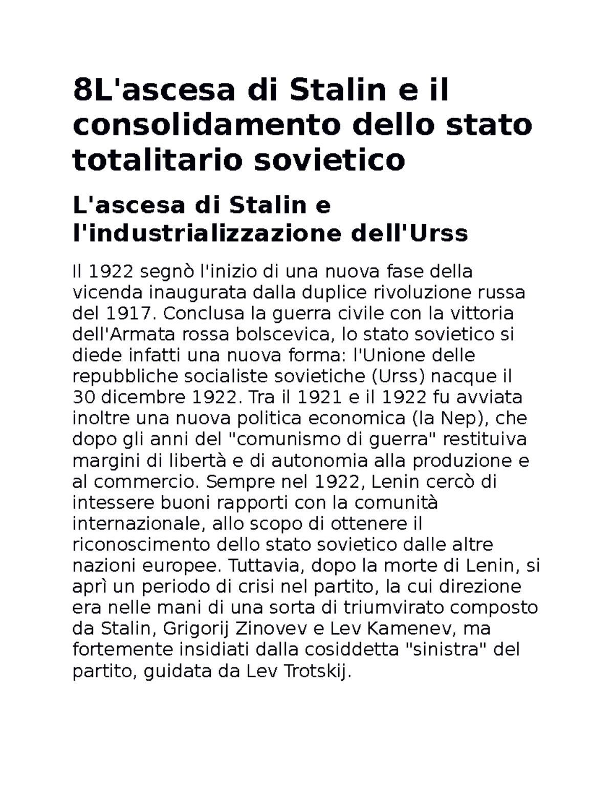 Riassunto L'ascesa di Stalin e il consolidamento dello stato ...