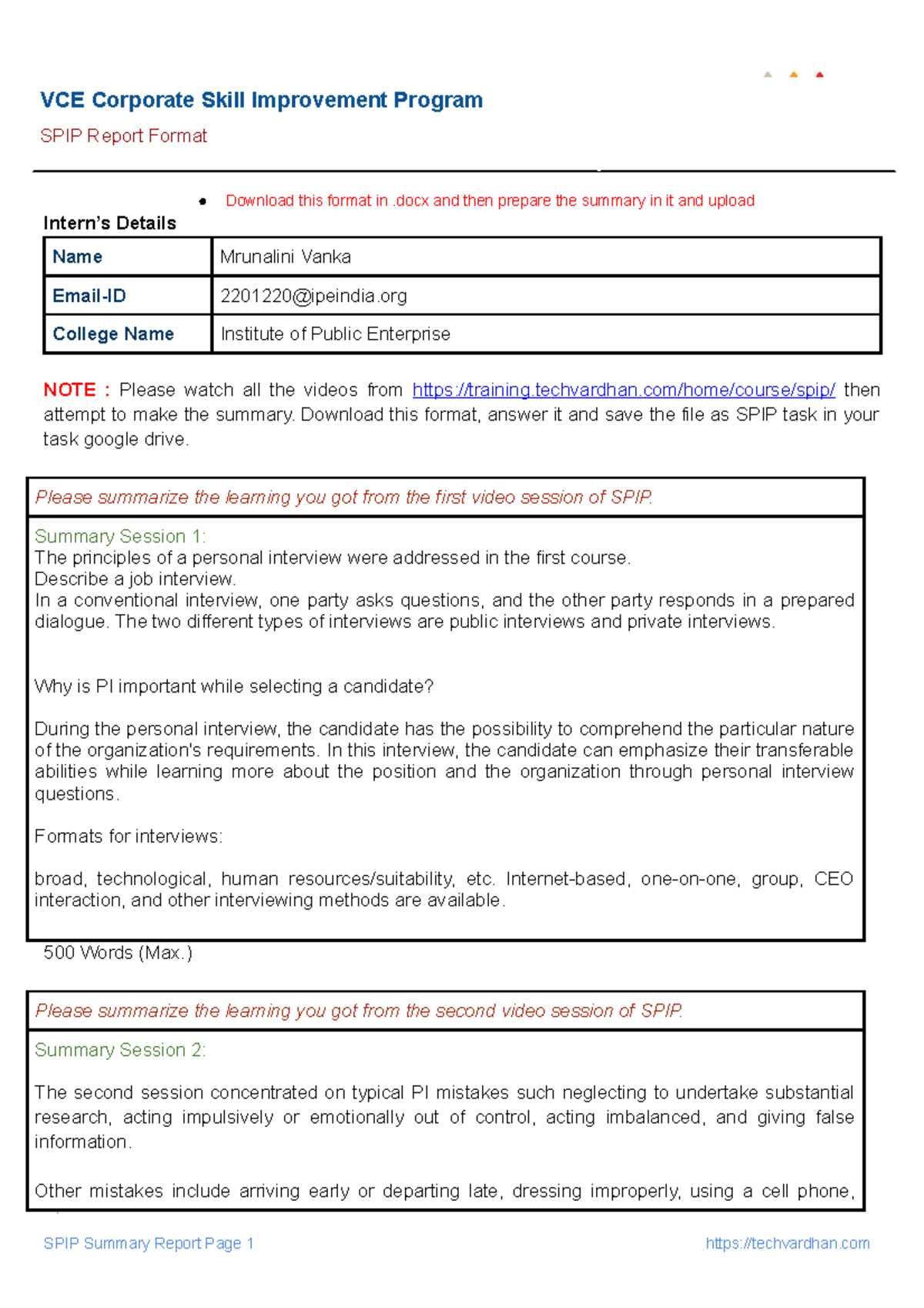 Mrunalini's SPIP - report - SPIP Report Format Download this format in ...