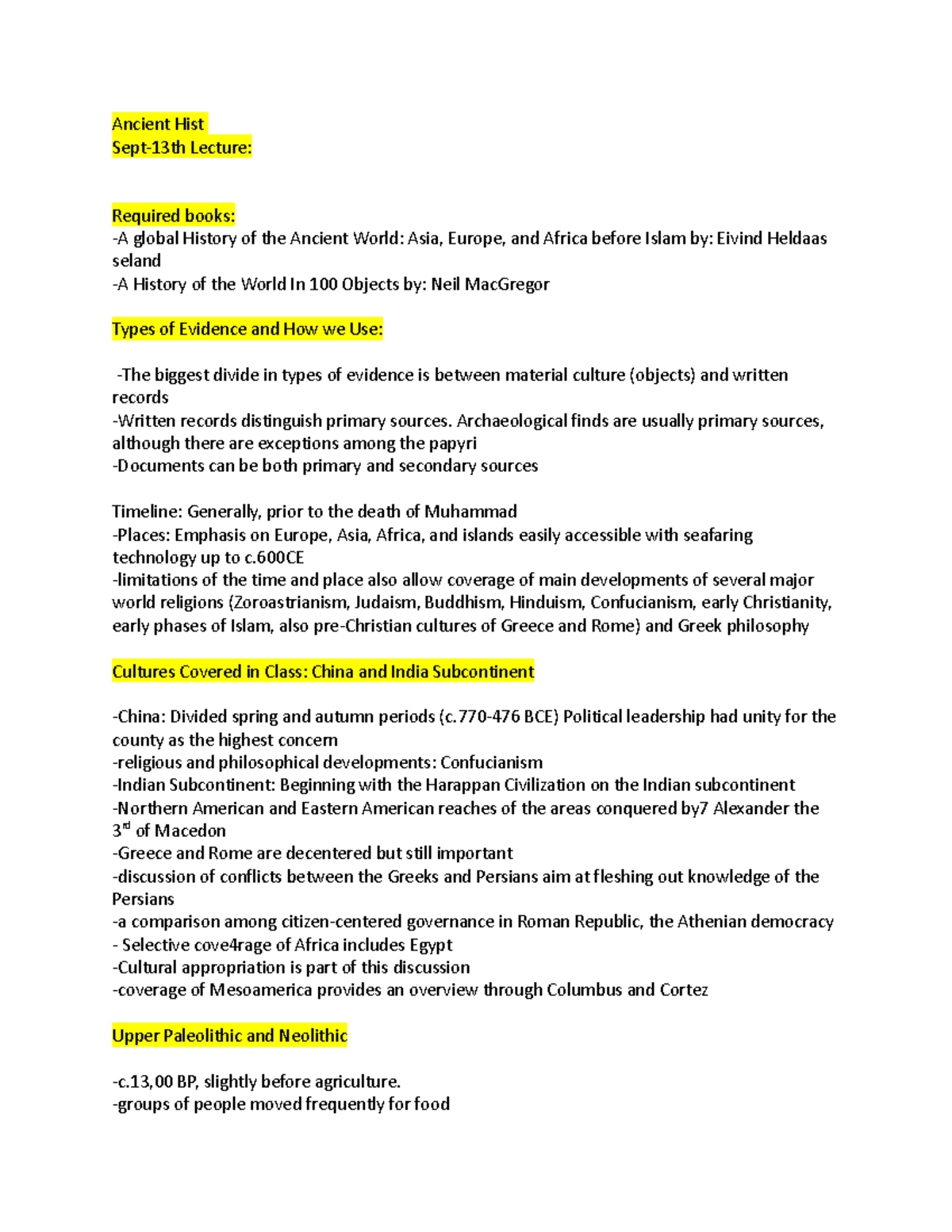 Ancient Hist lec 1 - First Lecture notes - Ancient Hist Sept-13th ...