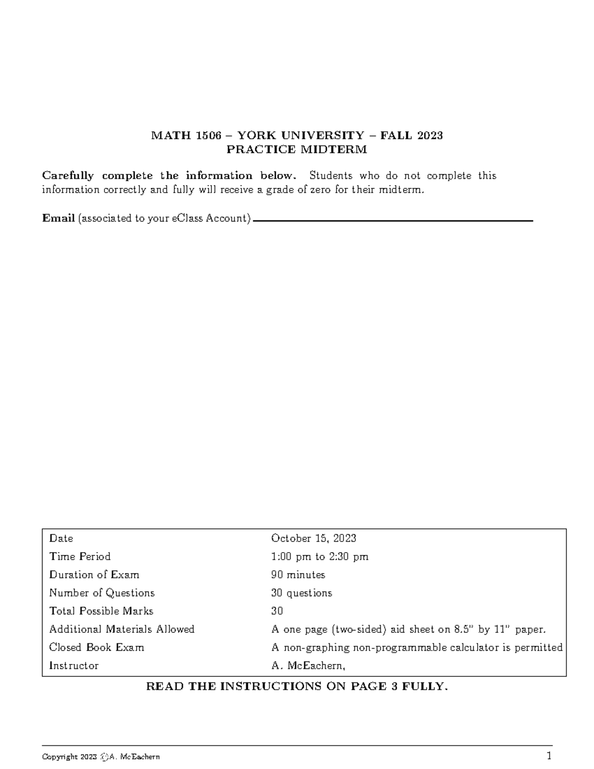 MATH15062023 Practicetest 1 - MATH 1506 – YORK UNIVERSITY – FALL 2023 ...