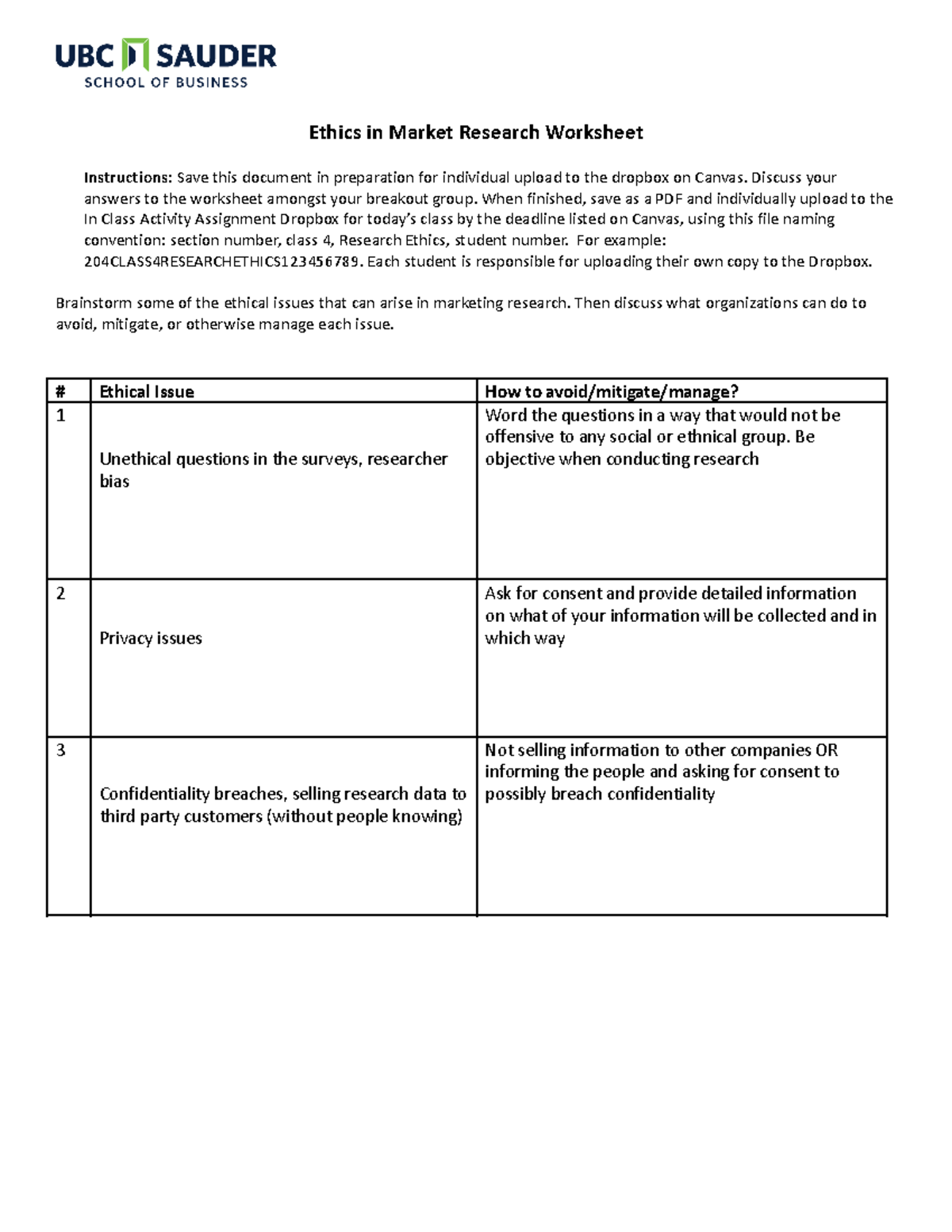 204 Class 4 Research ethics - Ethics in Market Research Worksheet ...