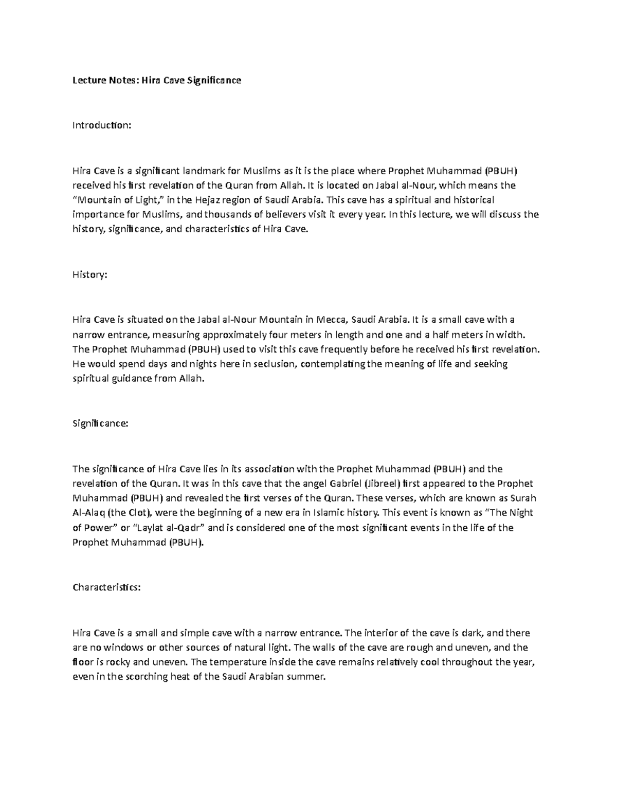 Lecture Notes: Hira Cave Significance - Lecture Notes: Hira Cave ...
