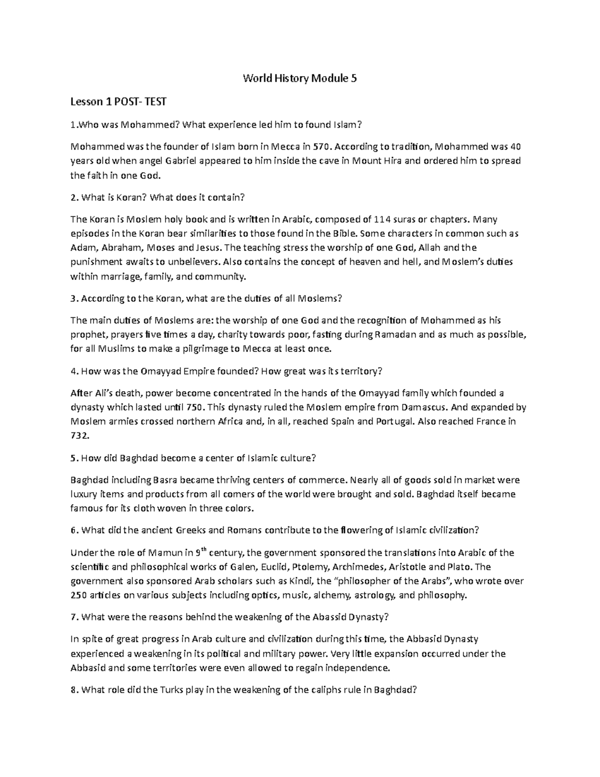 Module 6 anwer - Good for study. - World History Module 5 Lesson 1 POST ...