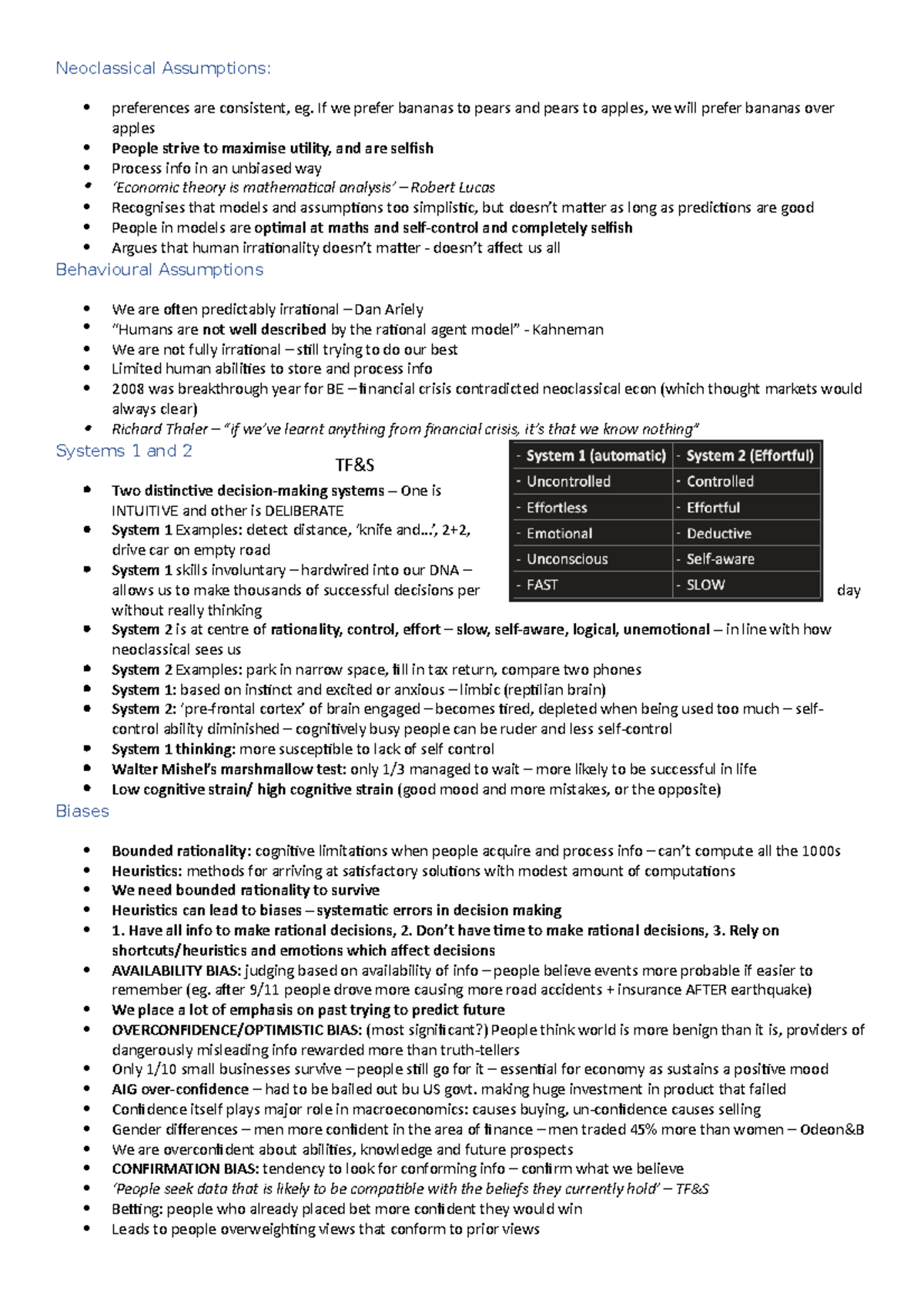 Behavioural Exam Notes - Neoclassical Assumptions: preferences are ...