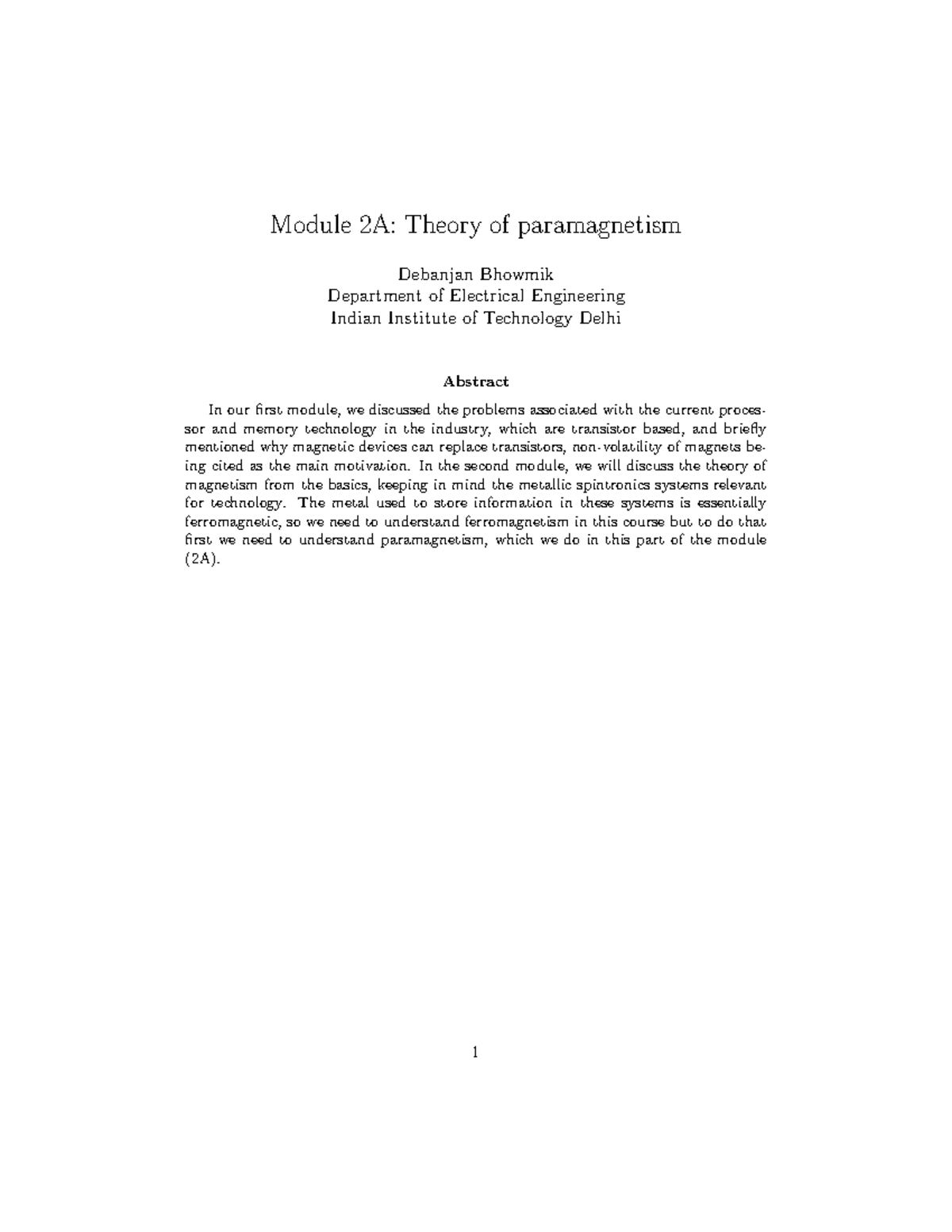 Module 2A-Paramagnetism - Module 2A: Theory of paramagnetism Debanjan ...