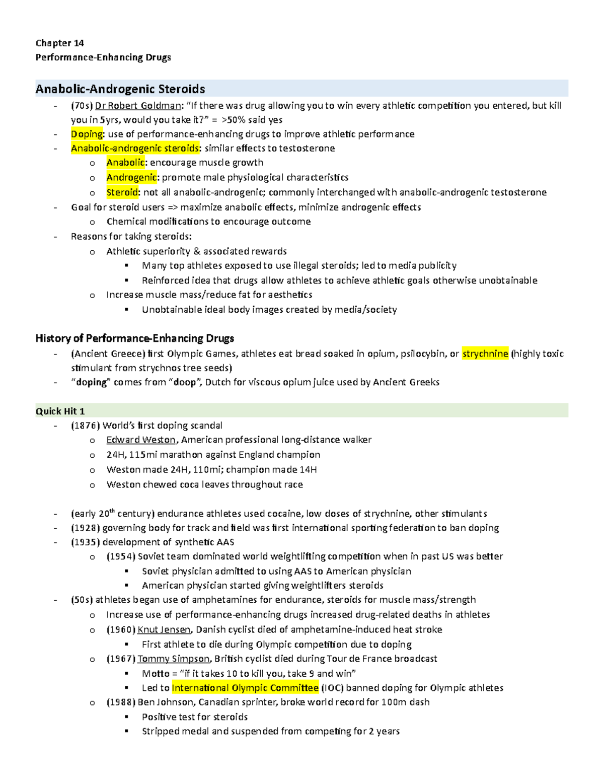 Chapter 14 Notes - Performance-Enhancing Drugs - Chapter 14 Performance ...