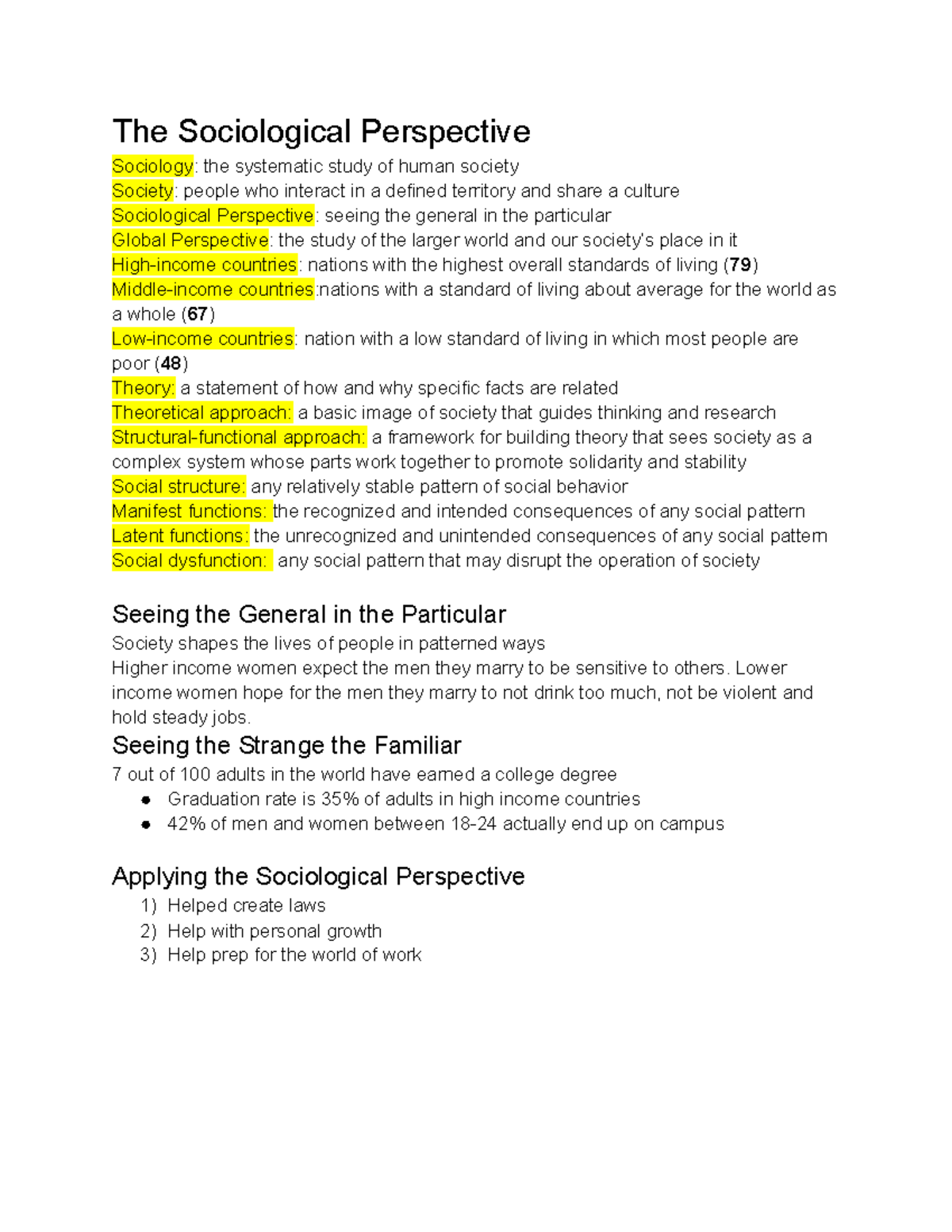 Soc chapter 1 notes - The Sociological Perspective Sociology: the ...