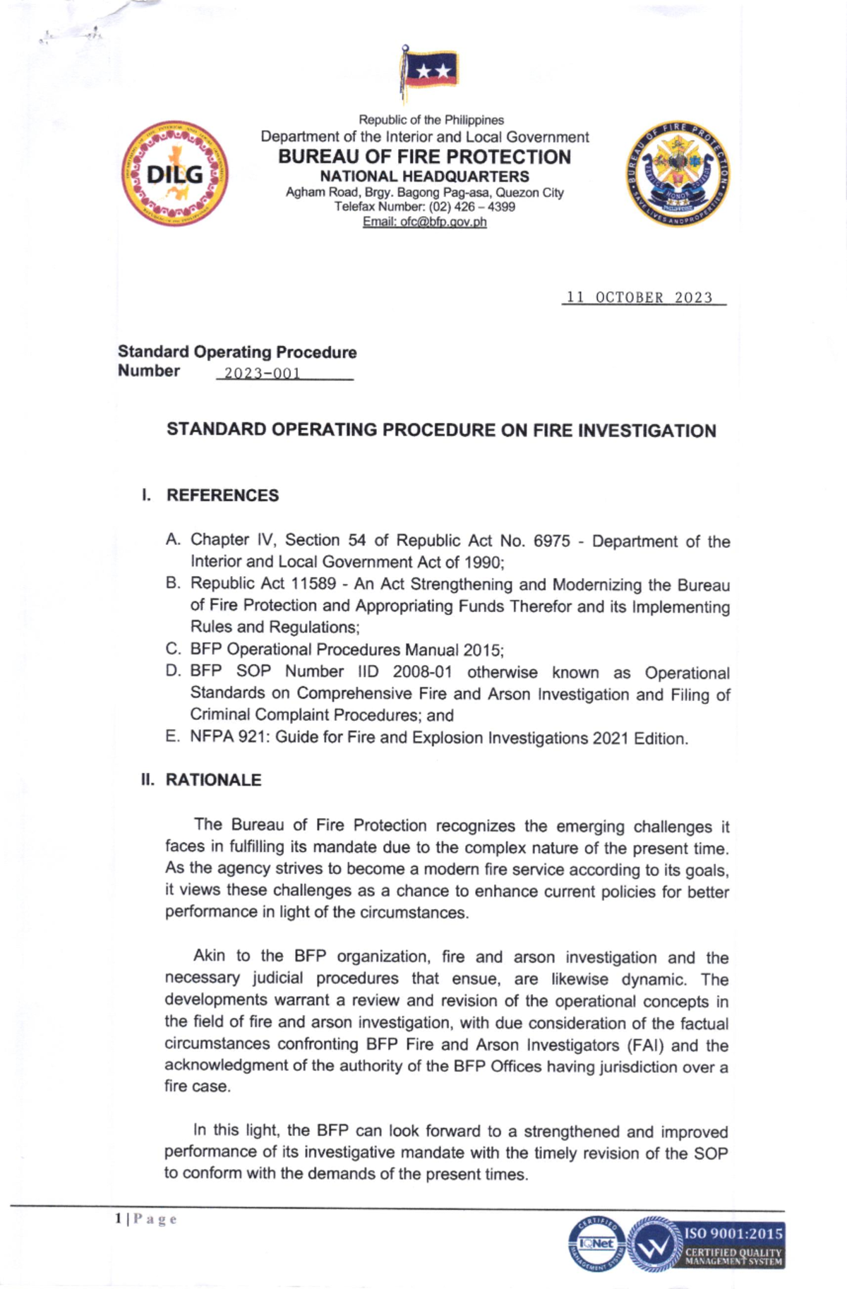 SOP 2023 001 Standard Operating Procedure on Fire Investigation ...