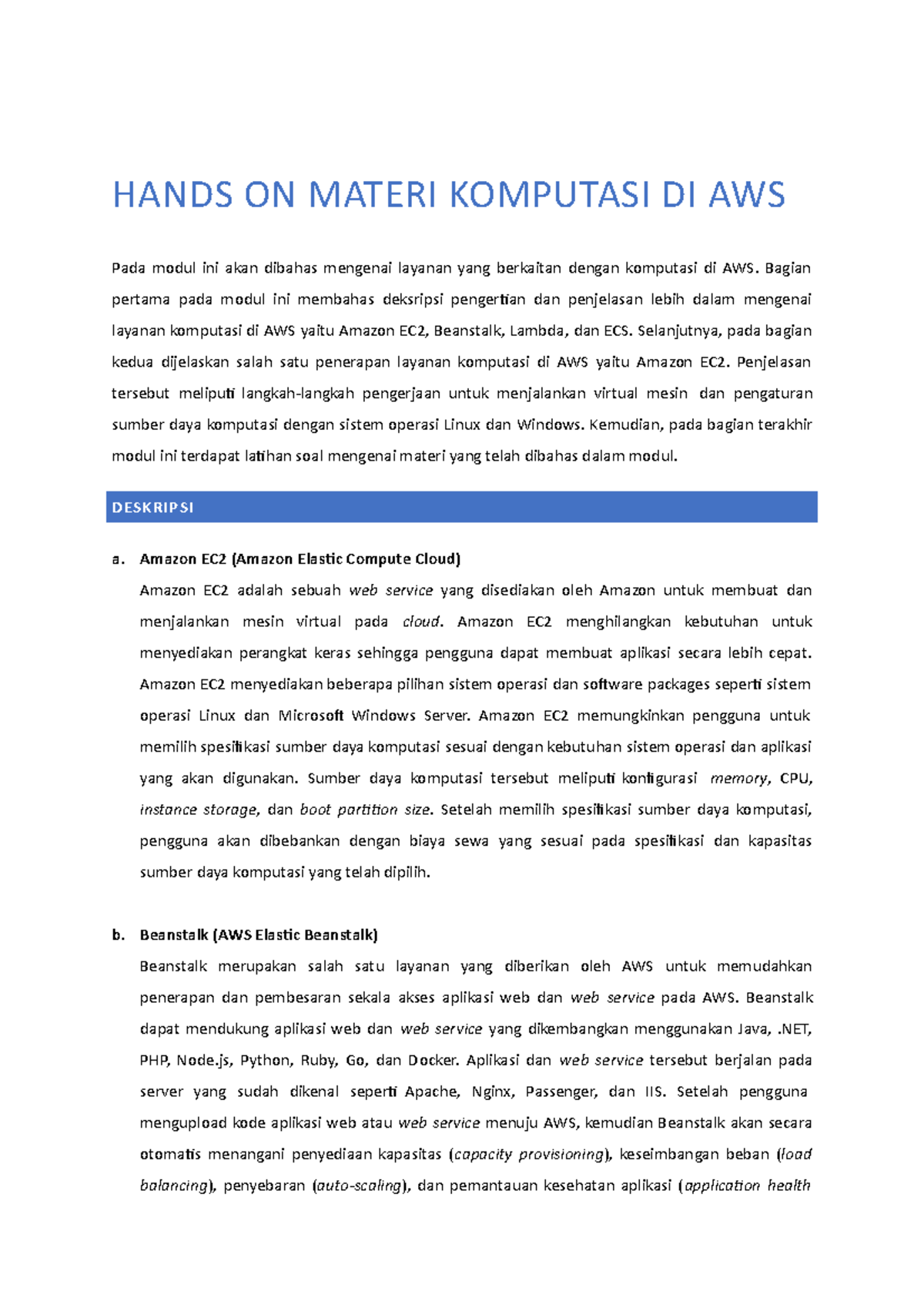 Hands On 02 - Komputasi di AWS - HANDS ON MATERI KOMPUTASI DI AWS Pada modul ini akan dibahas ...