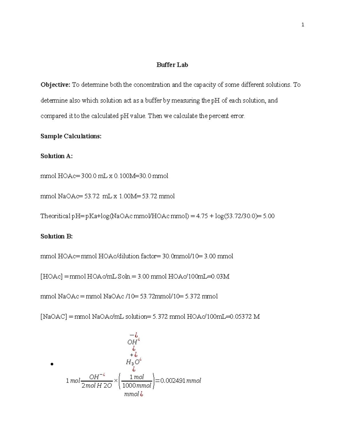 Tech 7 - lab report - 1 Buffer Lab Objective: To determine both the ...