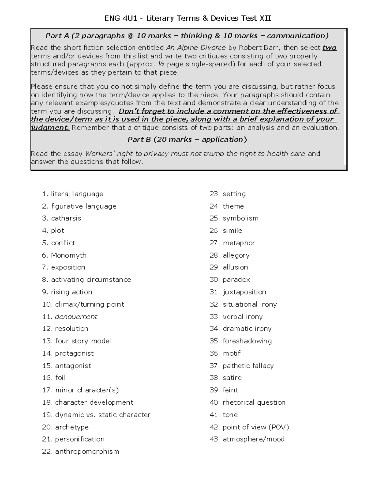 12. Literary Terms & Devices Test XII (Alpine Divorce & Workers ...