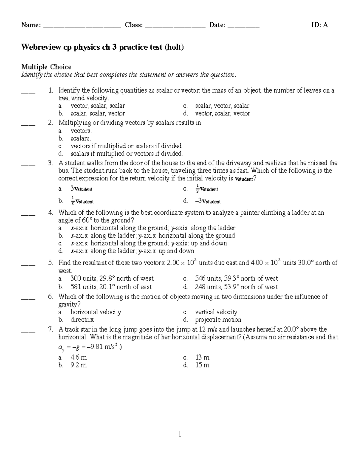 Webreview cp physics ch 3 practice test (holt) - Name ...