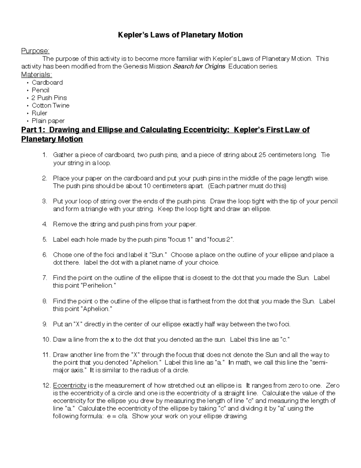 Kepler- Planetary Motion Activity - Kepler’s Laws of Planetary Motion ...