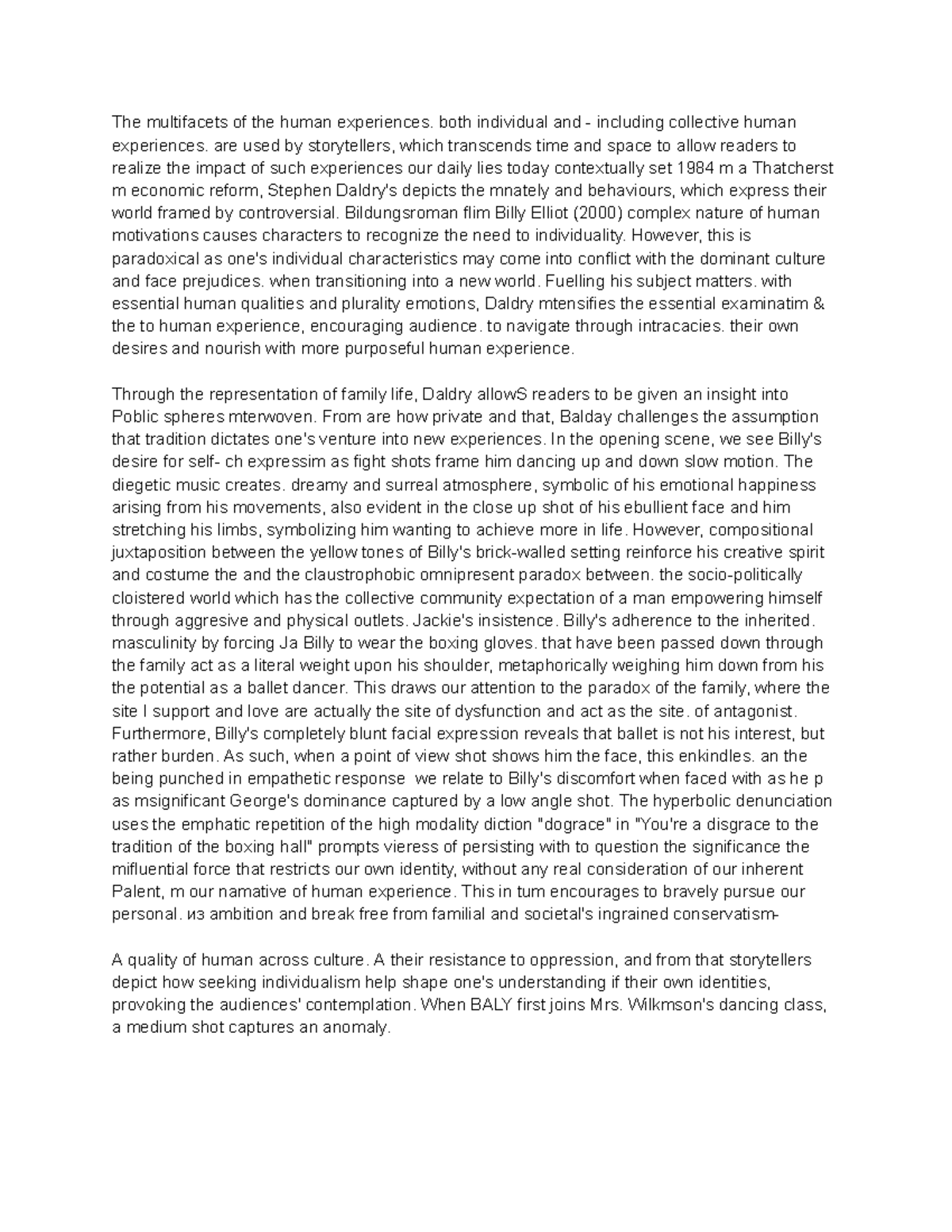 Billy eliot essay - The multifacets of the human experiences. both ...