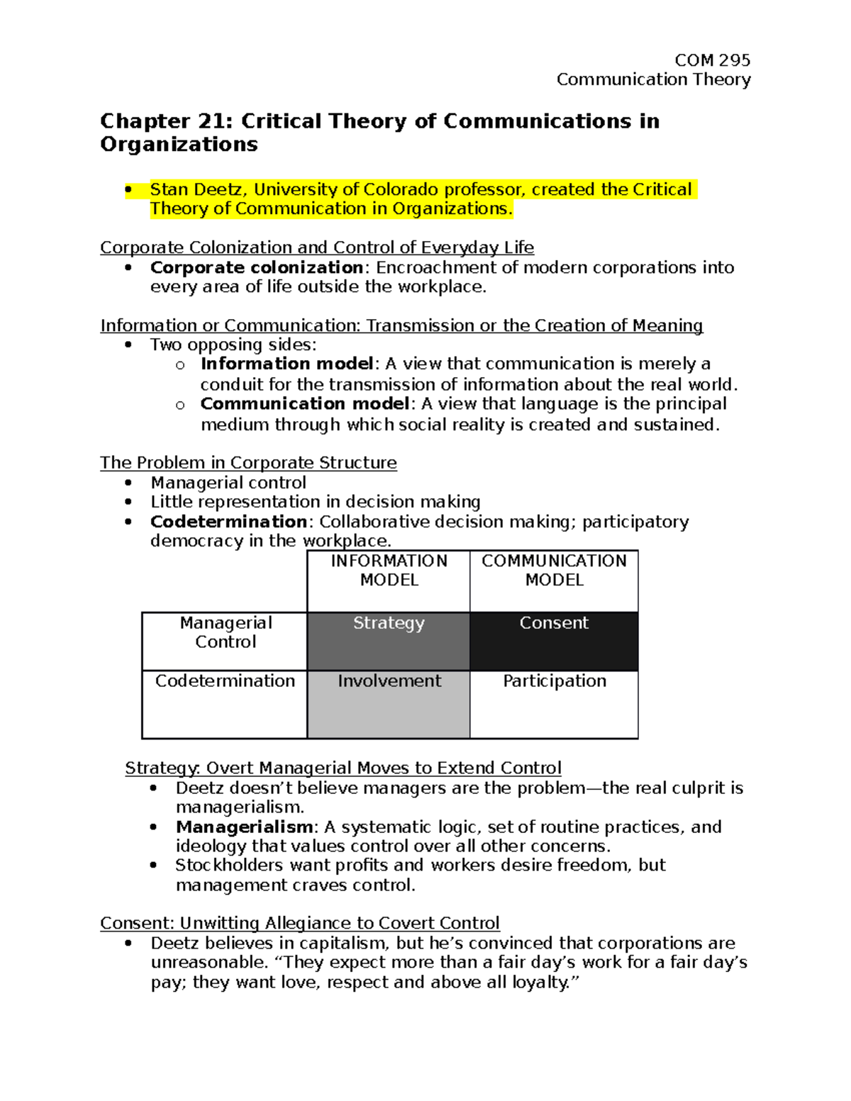 Chapter 21criticaltheoryofcommunicationinorganizations - COM 295 ...
