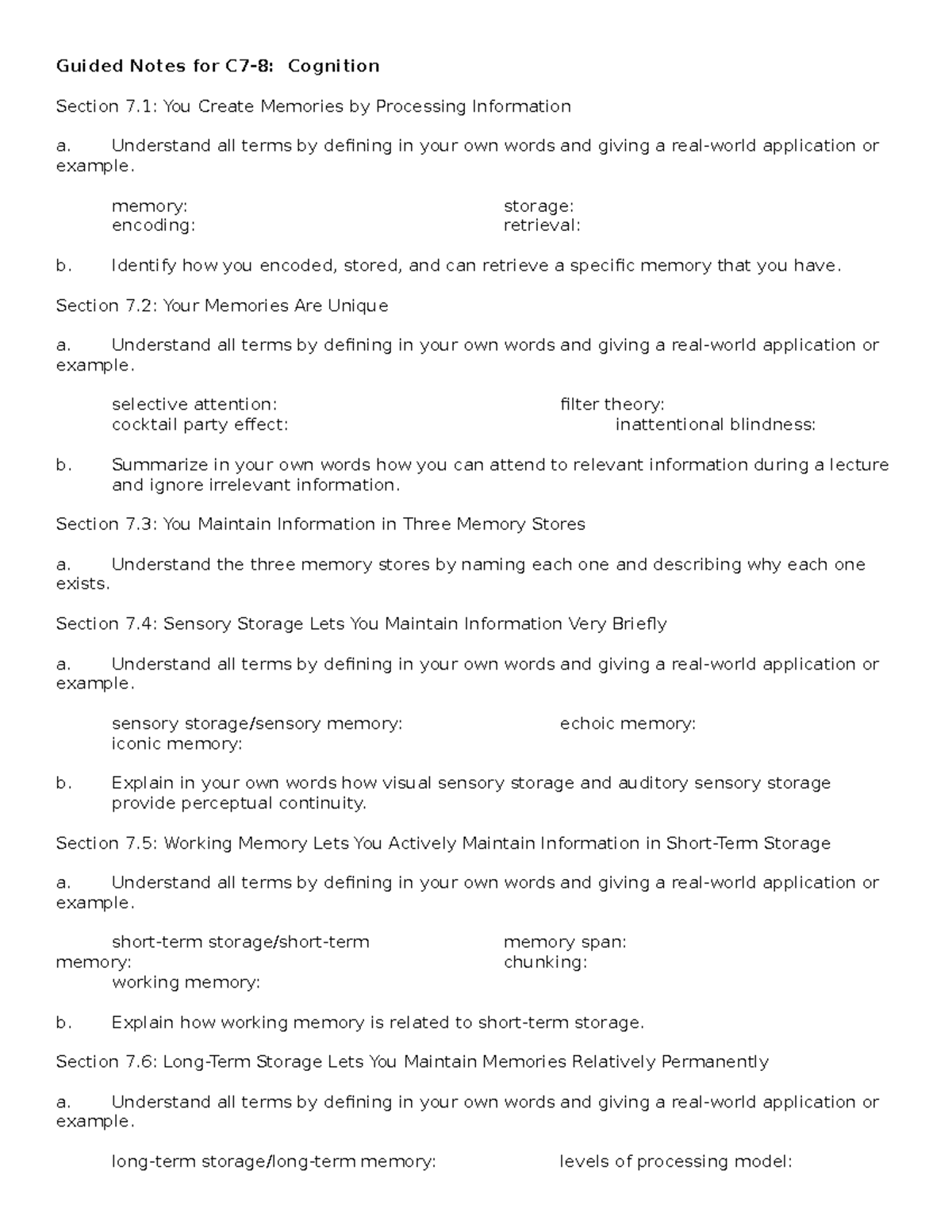 Unit 3B Psychology - Guided Notes for C7-8: Cognition Section 7: You ...