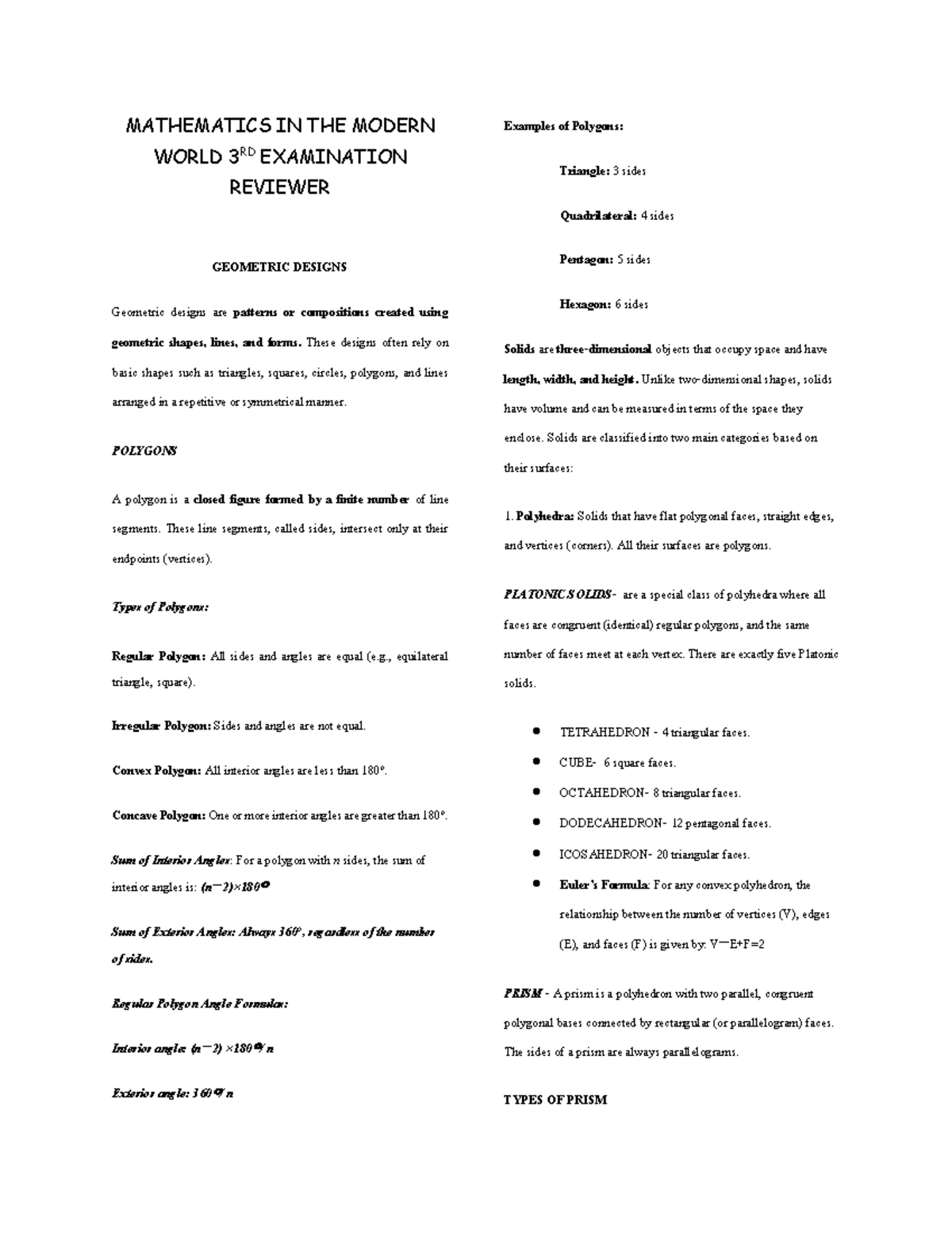 Mathematics IN THE Modern World 3RD Examination Reviewer - MATHEMATICS ...