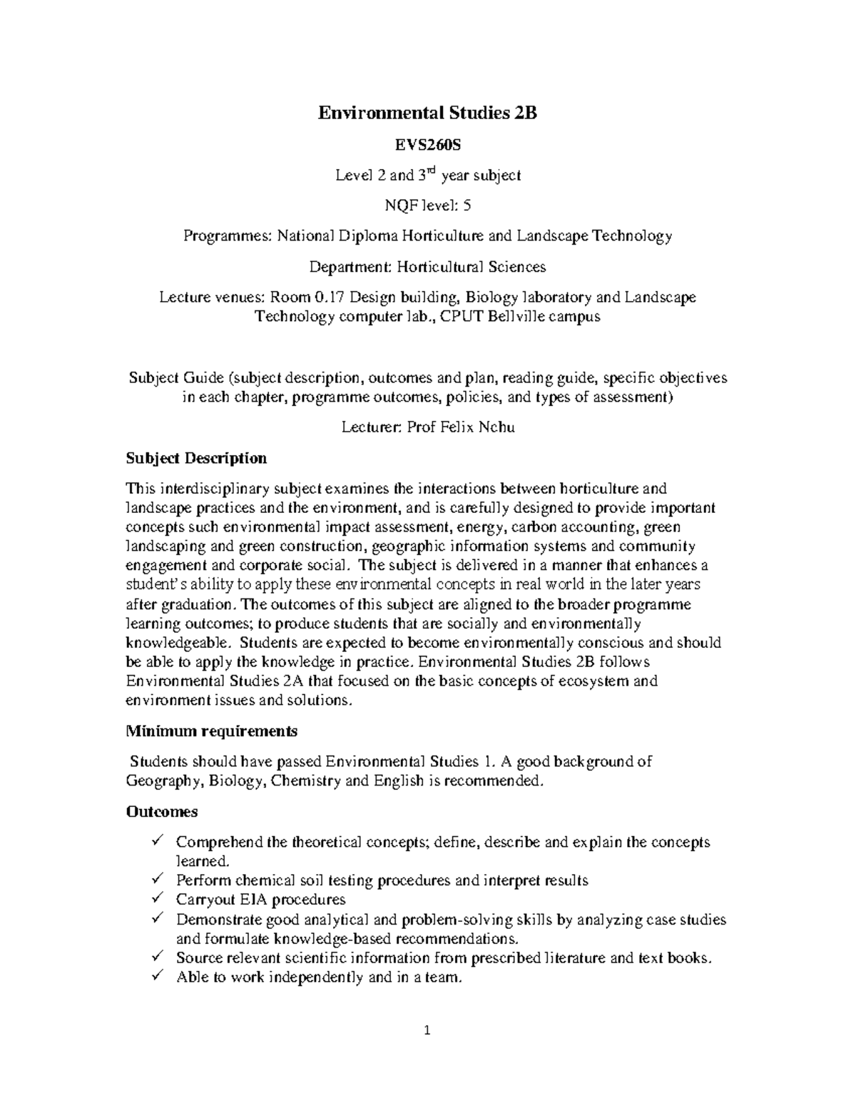 EVS notes 2020 - Environmental Studies 2B EVS260S Level 2 and 3rd year ...