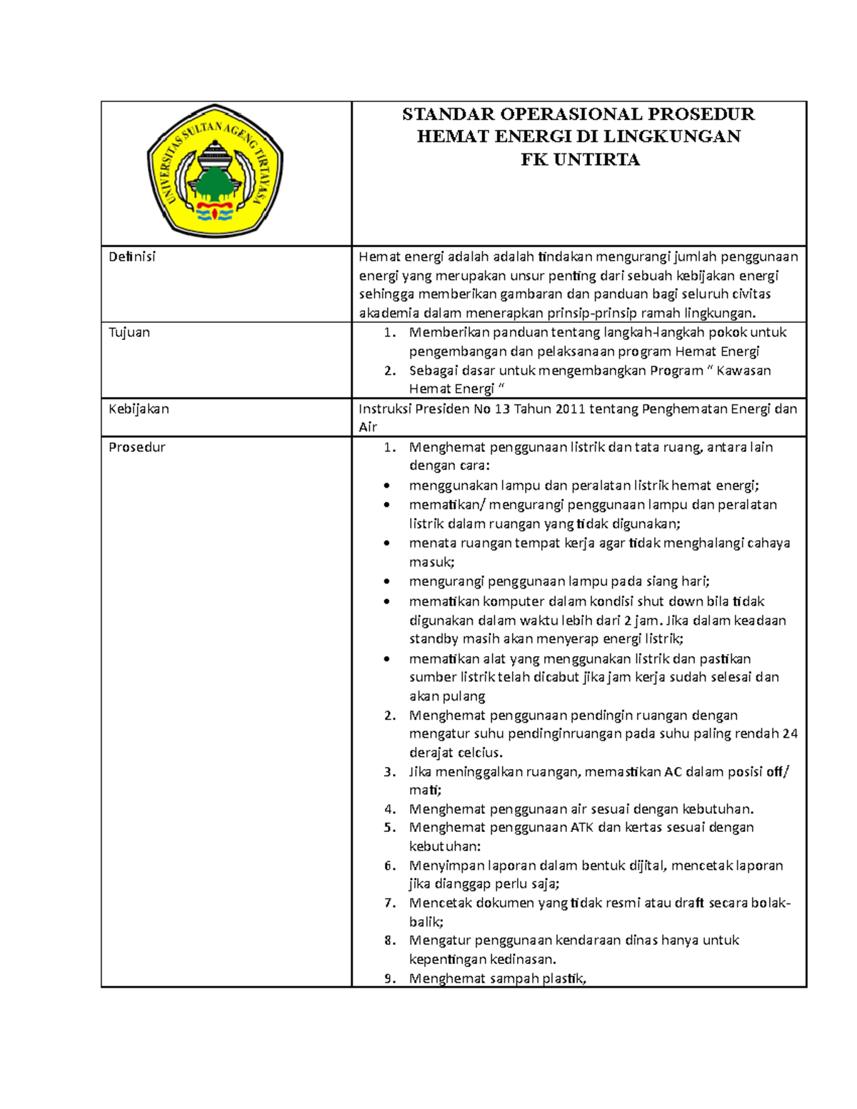 Spo hemat energi - STANDAR OPERASIONAL PROSEDUR HEMAT ENERGI DI ...