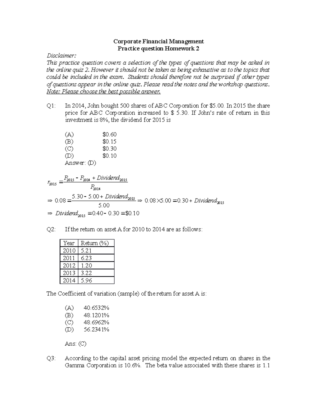 Practice questions for online quiz 2 final - Corporate Financial ...