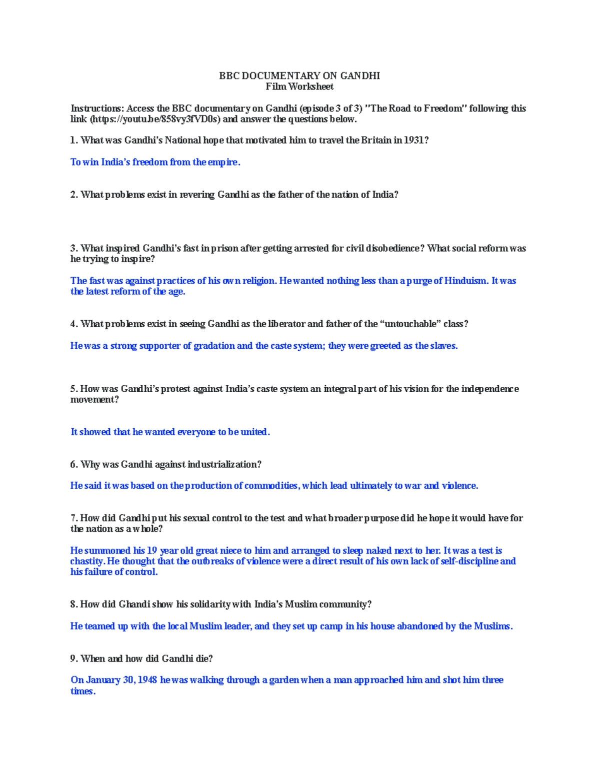 Film Worksheet-BBC Documentary ON Gandhi - BBC DOCUMENTARY ON GANDHI ...