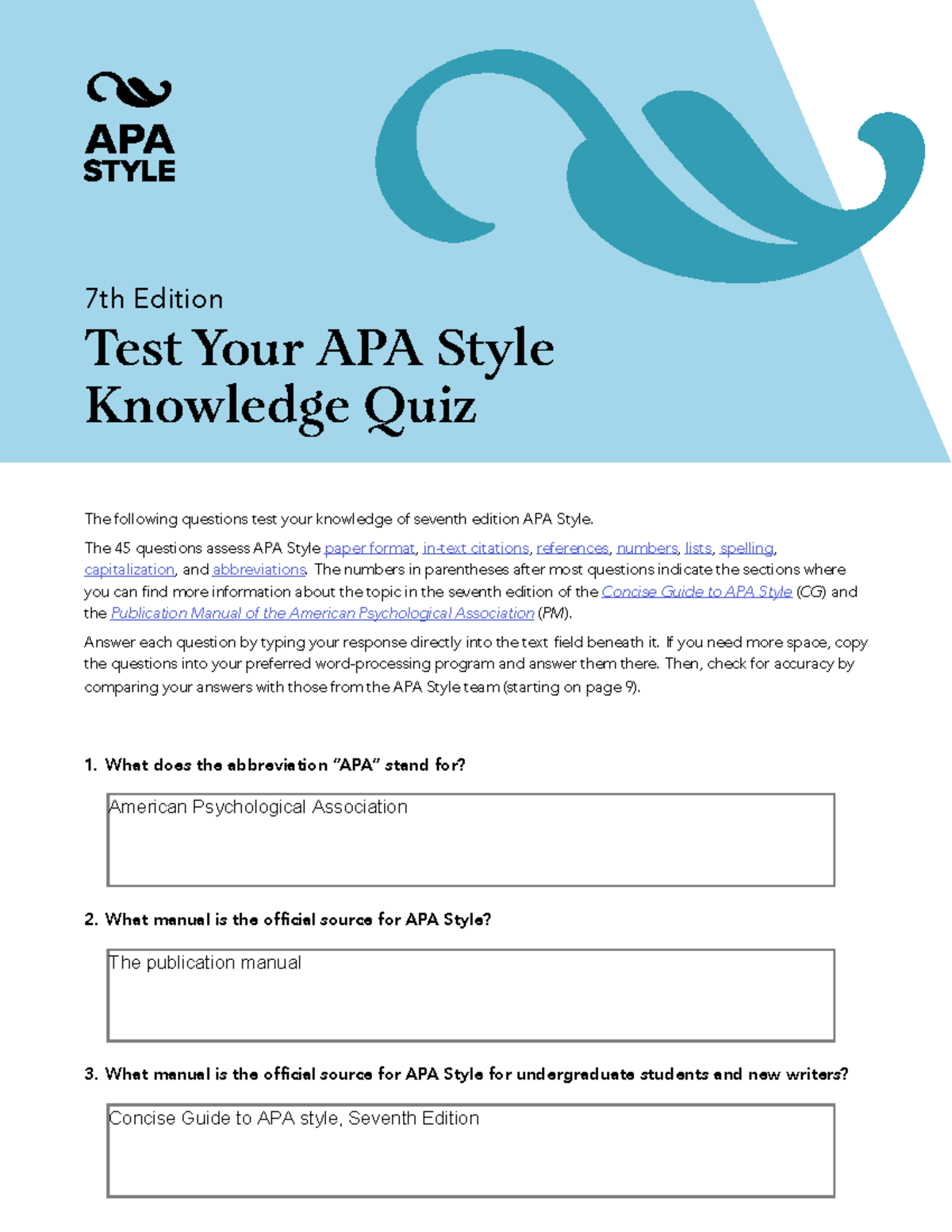 APA Manual Test - answers - 7th Edition Test Your APA Style Knowledge ...