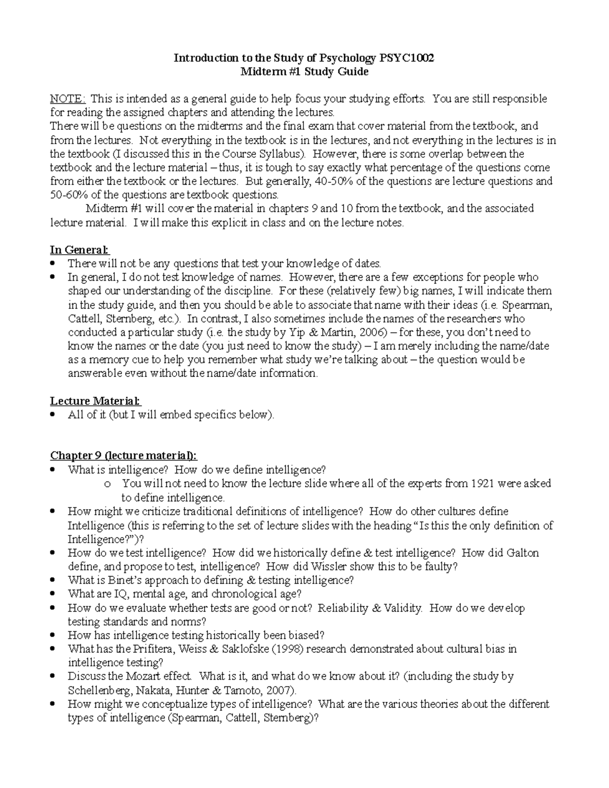 Psychology 1002 Midterm 1 Study Guide - Introduction to the Study of ...