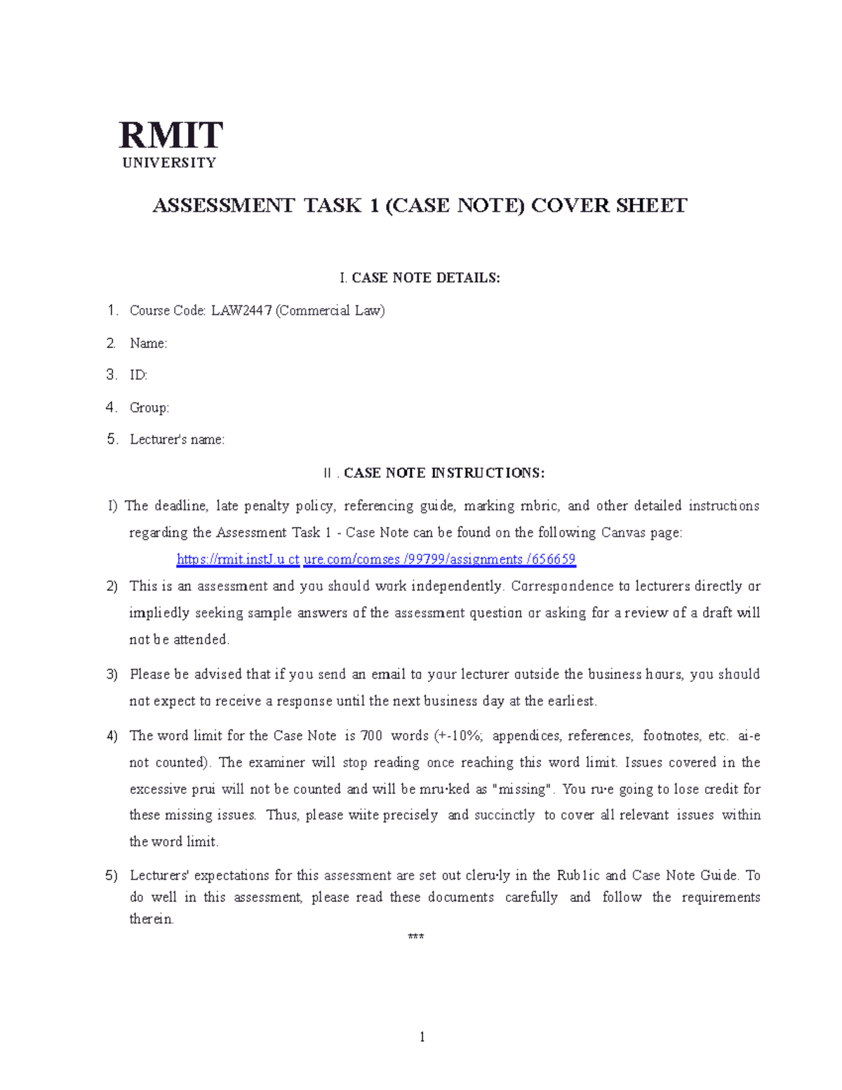 Case Note Question Sem 1 2022 Official Version - 1 RMIT UNIVERSITY ...