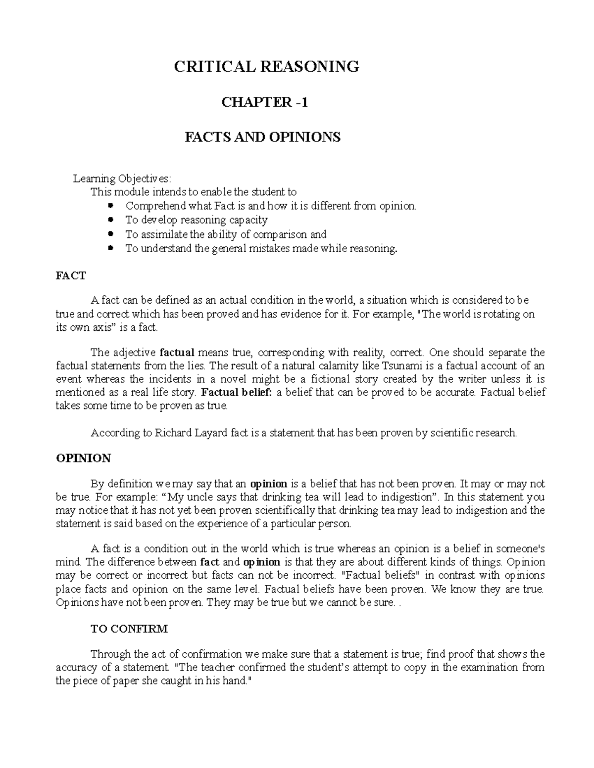 Critical Reasoning chapter 1 - CRITICAL REASONING CHAPTER - FACTS AND ...