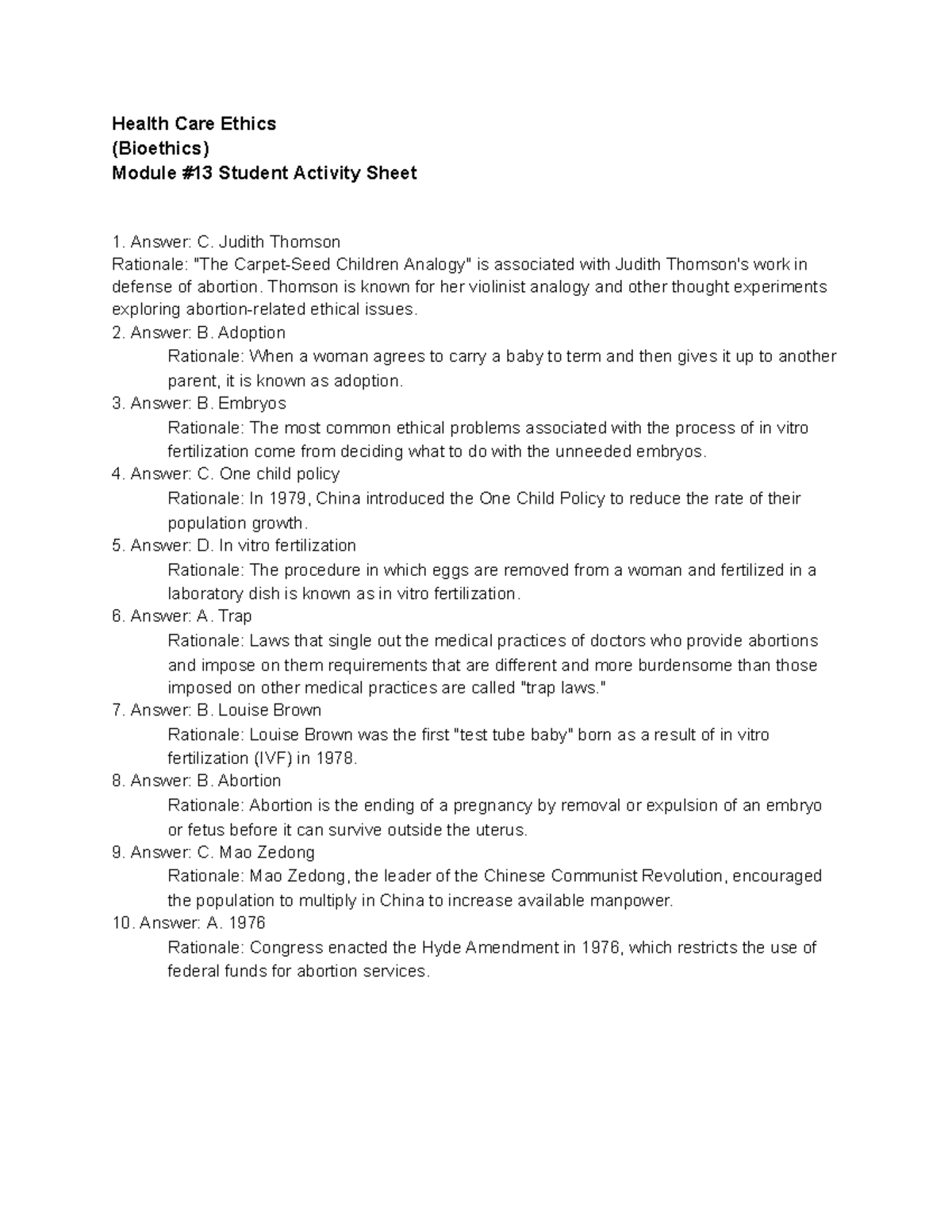 SAS 13 - BIOETHICS SAS ANSWER KEY - Health Care Ethics (Bioethics ...