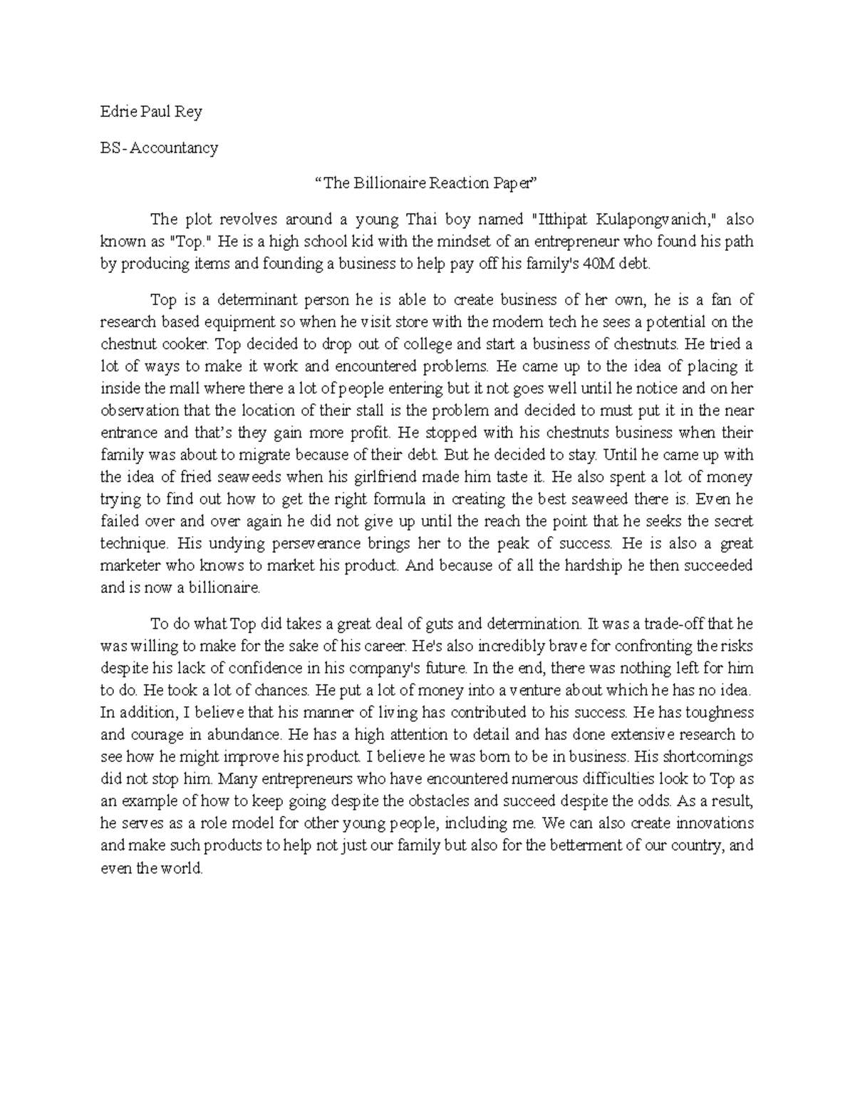 Reaction paper about the billioner - Edrie Paul Rey BS- Accountancy ...