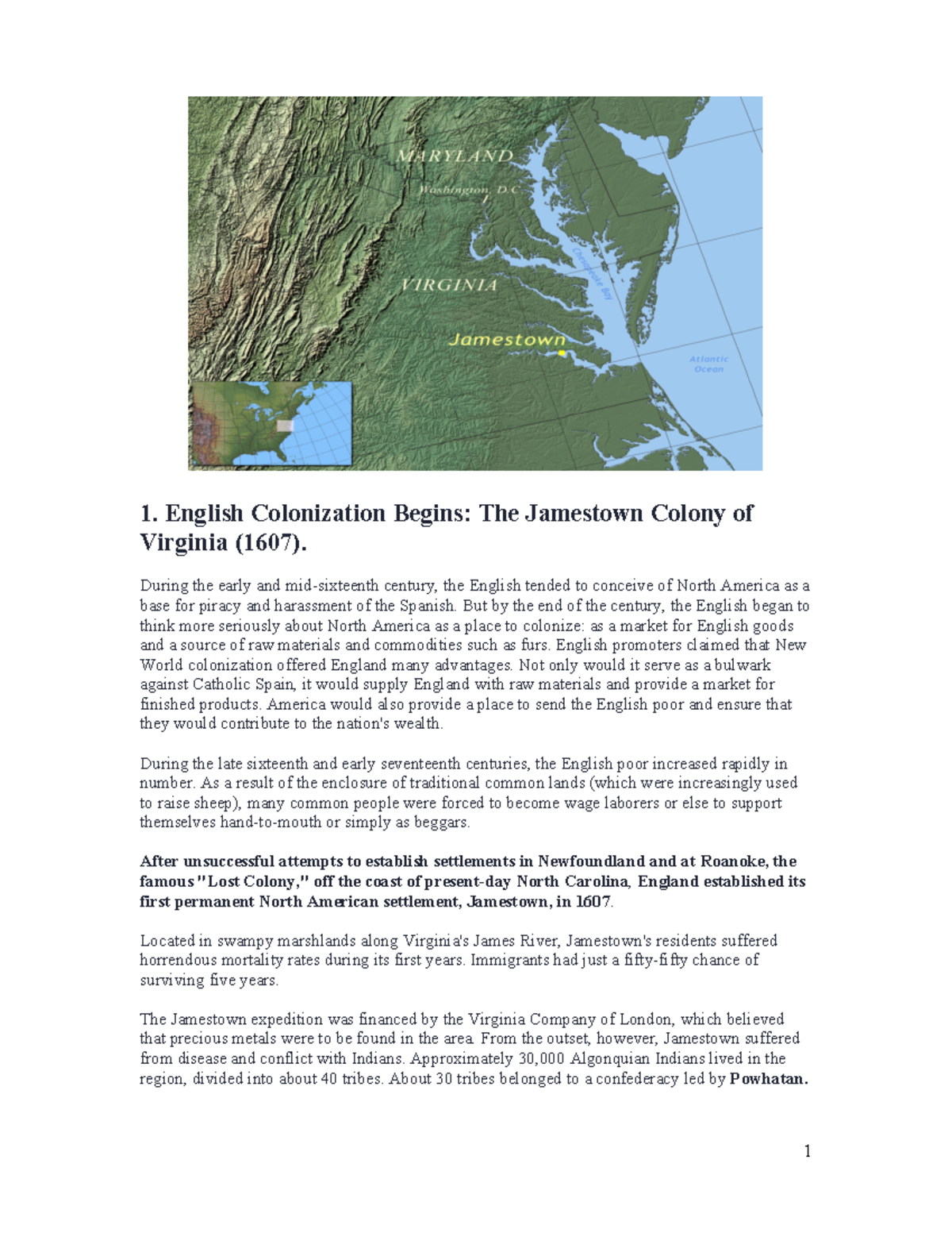 Overview+The+Jamestown+Colony+of+Virginia+ - 1. English Colonization ...