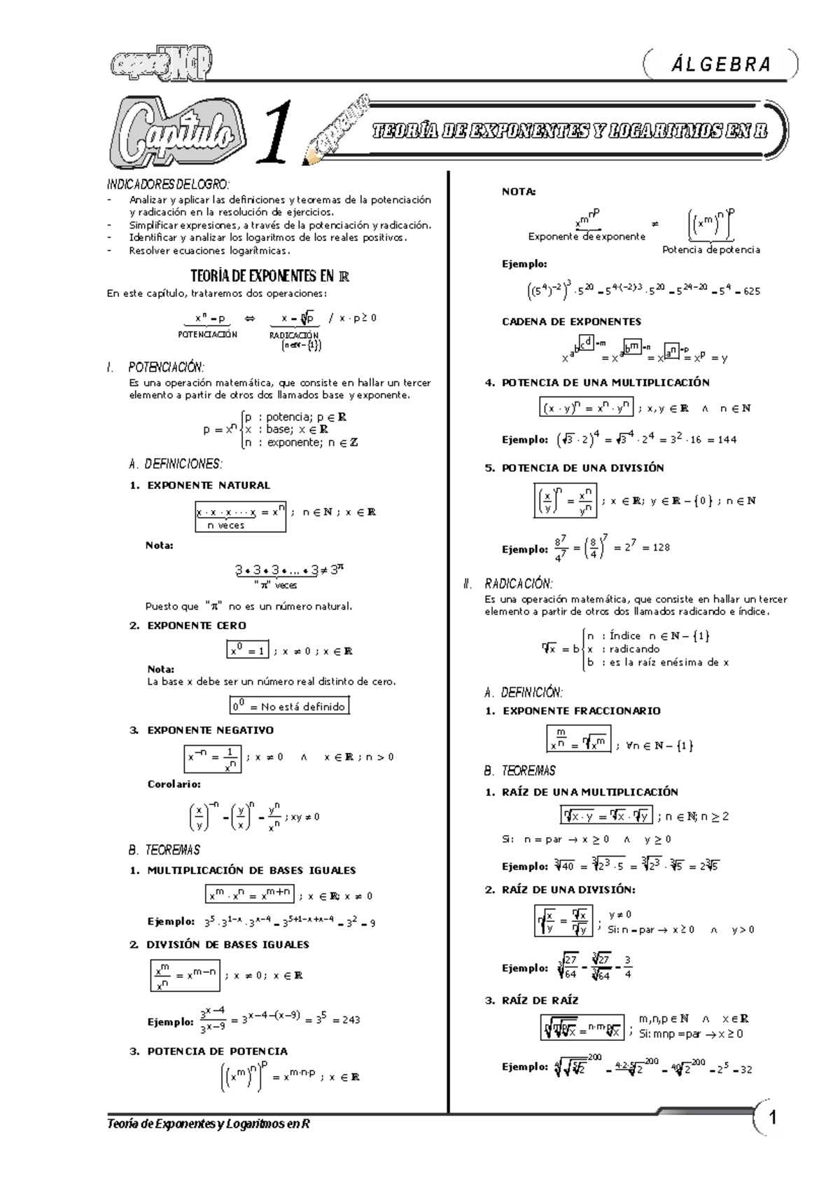 Álgebra 1-13 CN 2022-II - Teoría de Exponentes y Logaritmos en R 1 1 ...