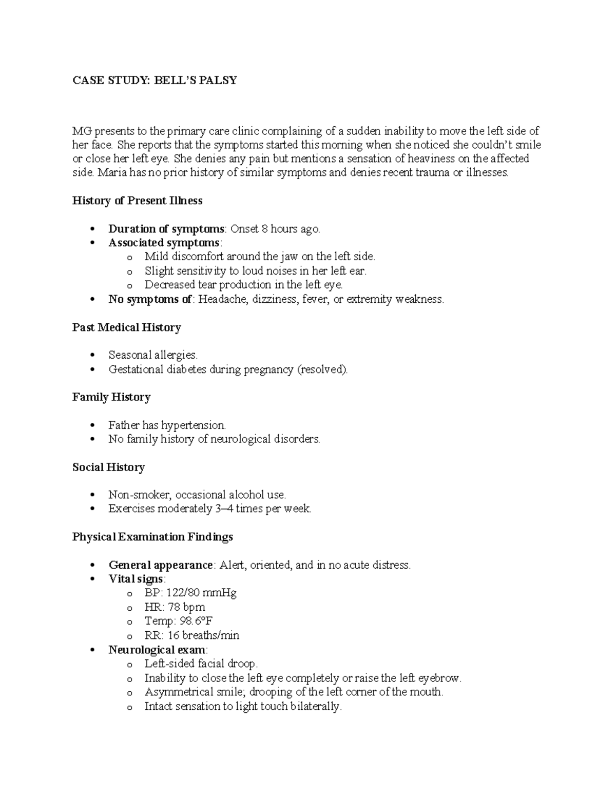 CASE Study Bell's Palsy - CASE STUDY: BELL’S PALSY MG presents to the ...