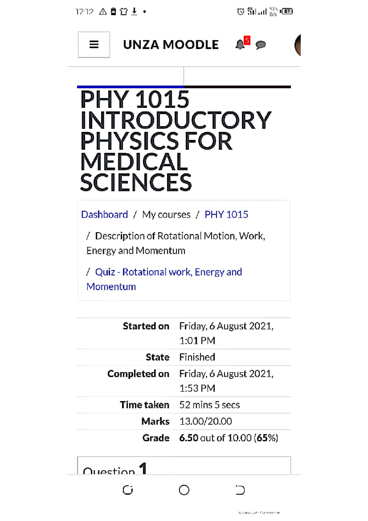 Quiz - Rotational work, Energy and Momentum - Introductory Physics ...