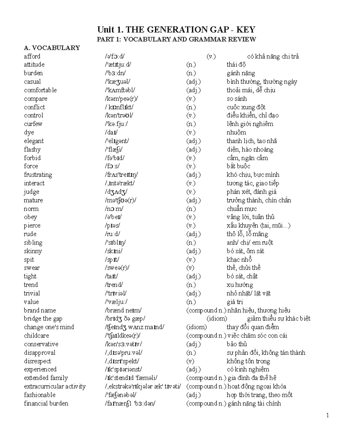 UNIT 1 Generation GAP - exercises for students of grade 11 to practice ...