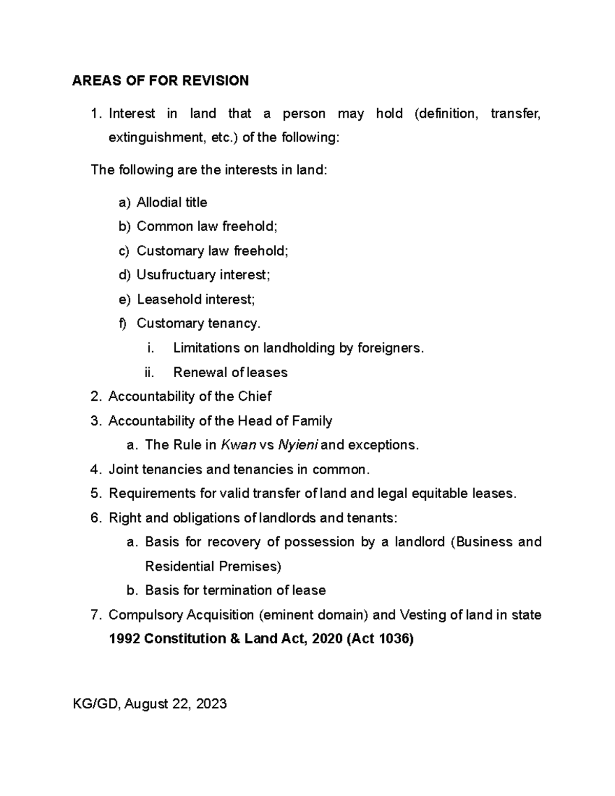 Immovable Propert - These are secure notes - AREAS OF FOR REVISION ...