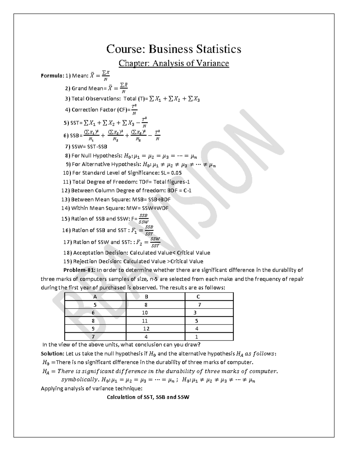 Course Business Statistics Chapter Analysis Of Variance Lecture Sheet