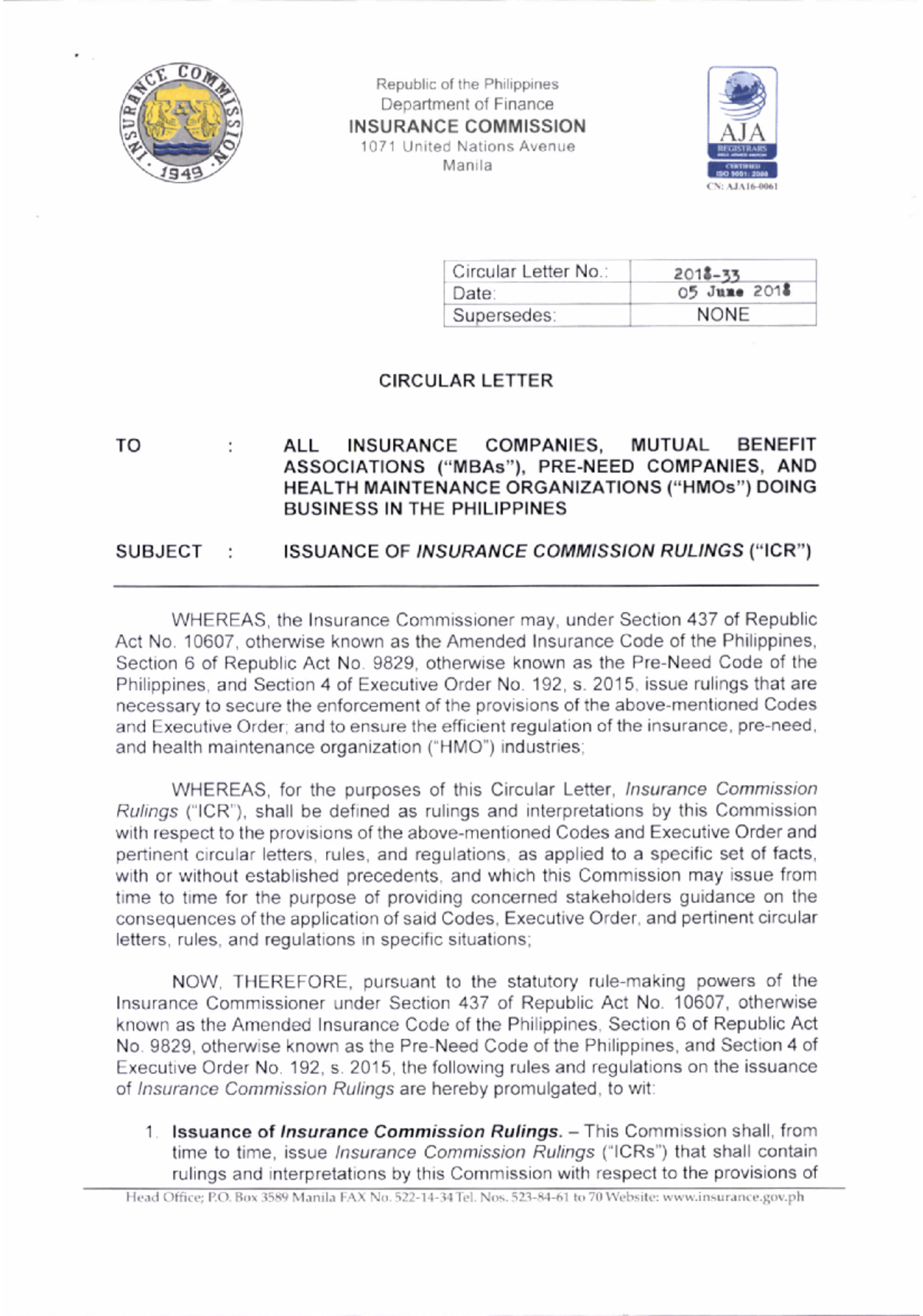 Issuance of Insurance Commission Rulings - Republic of the Philippines ...