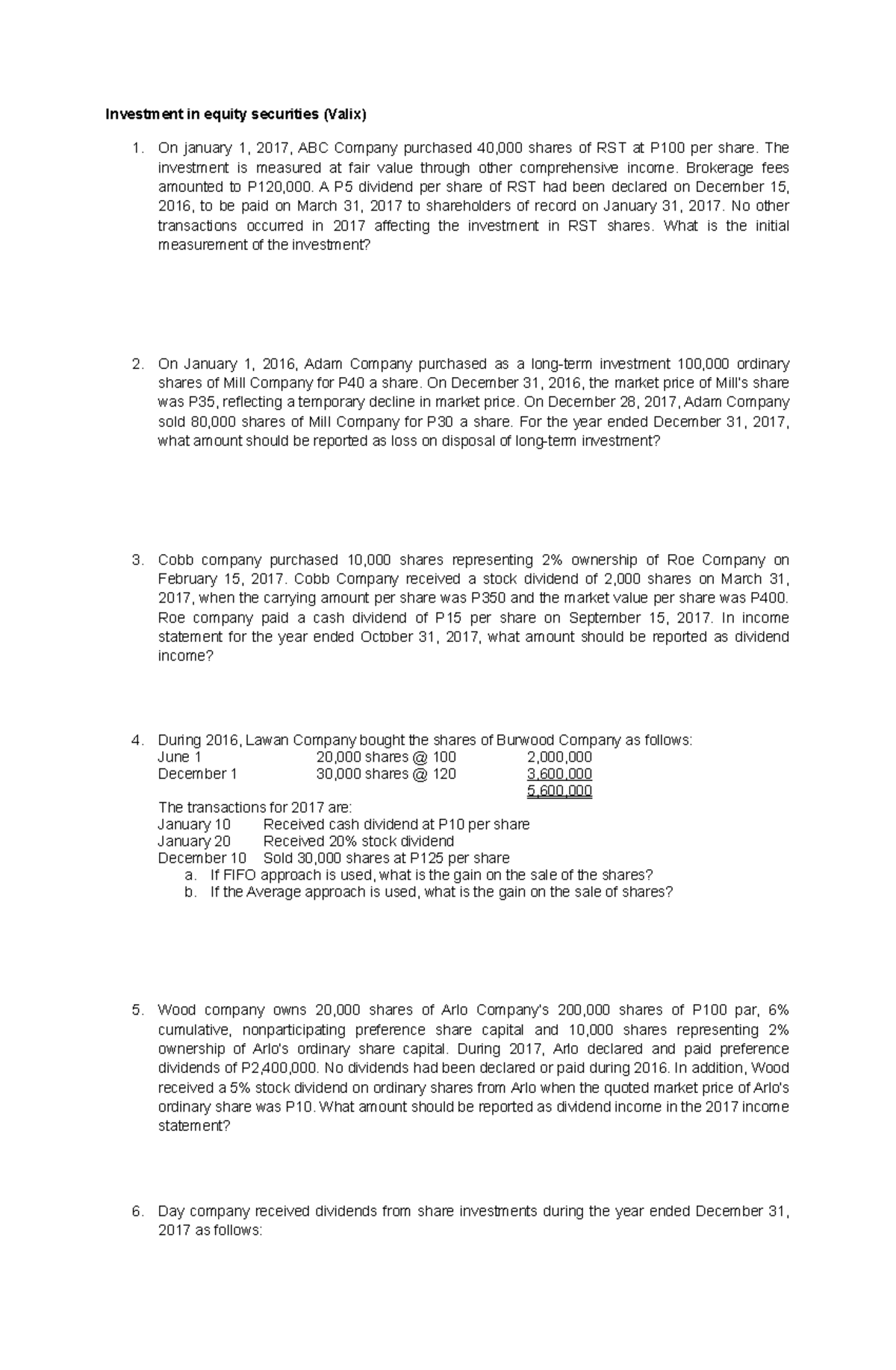 340920281 1 Investment in Equity Securities 2 - Investment in equity securities (Valix) On ...