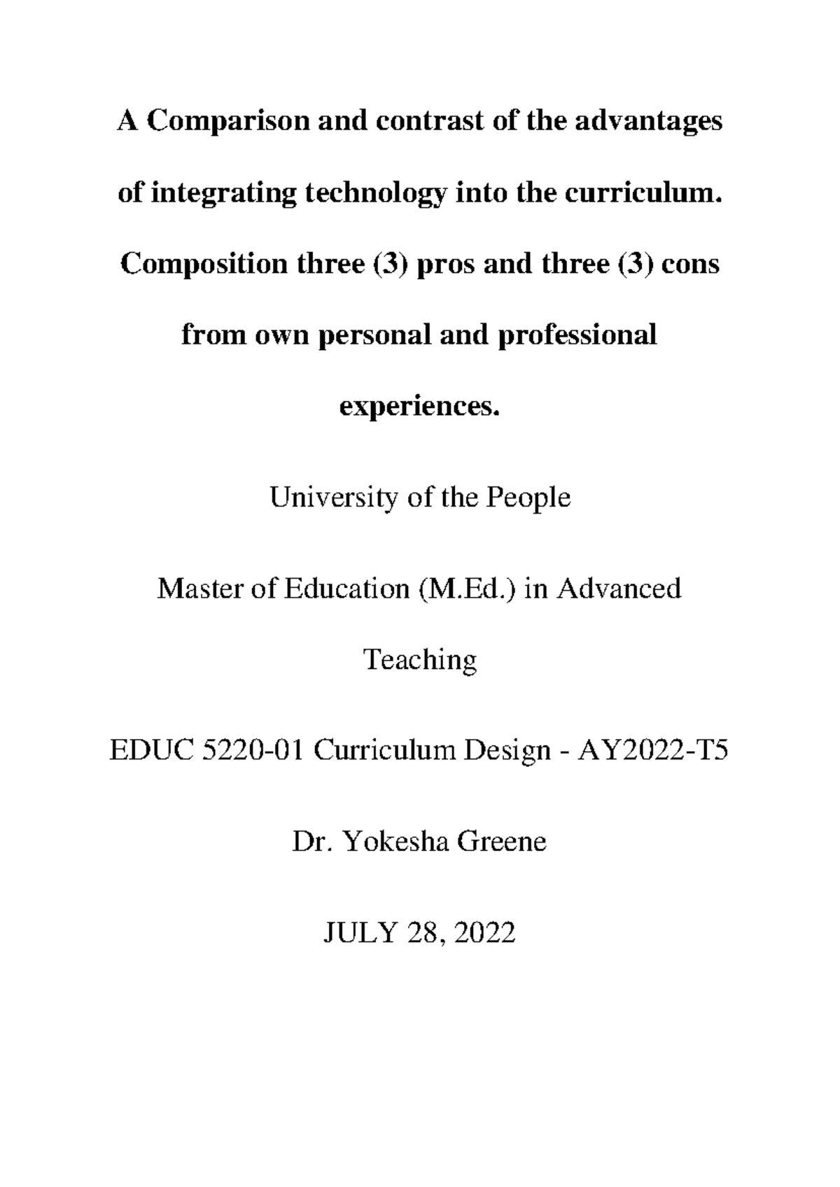 EDUC 5220-01 Curriculum Design Portfolio Activity Unit 6 - A Comparison ...