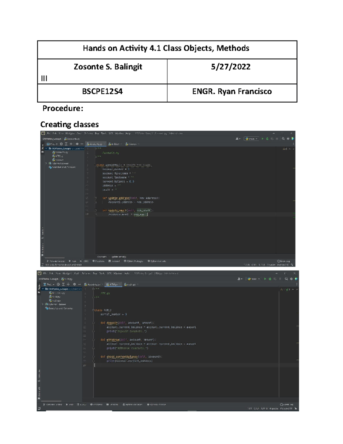 Hands-on Activity 4.1 Class, Objects, Methods - Hands on Activity 4 ...