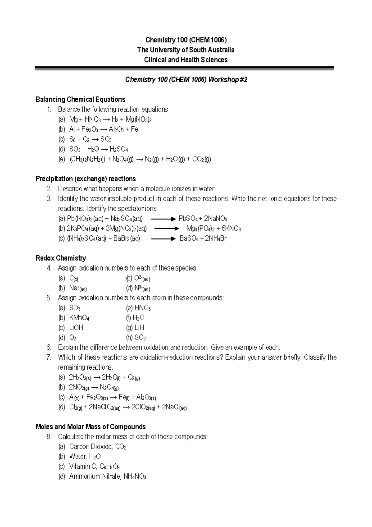 Workshop 2 2022 - Balancing chemical equations - Chemistry 100 (CHEM ...