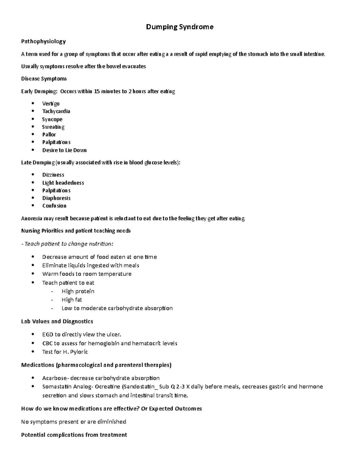 Exam 4 Dumping Syndrome Dumping Syndrome Pathophysiology A Term Used For A Group Of Symptoms