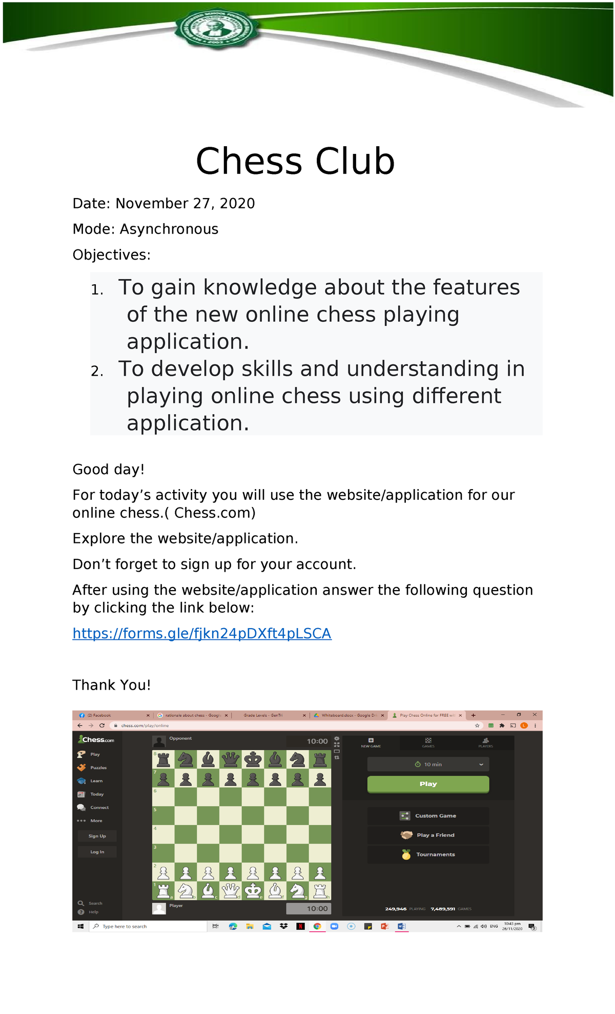 Chess Club activity - Chess Club Date: November 27, 2020 Mode ...