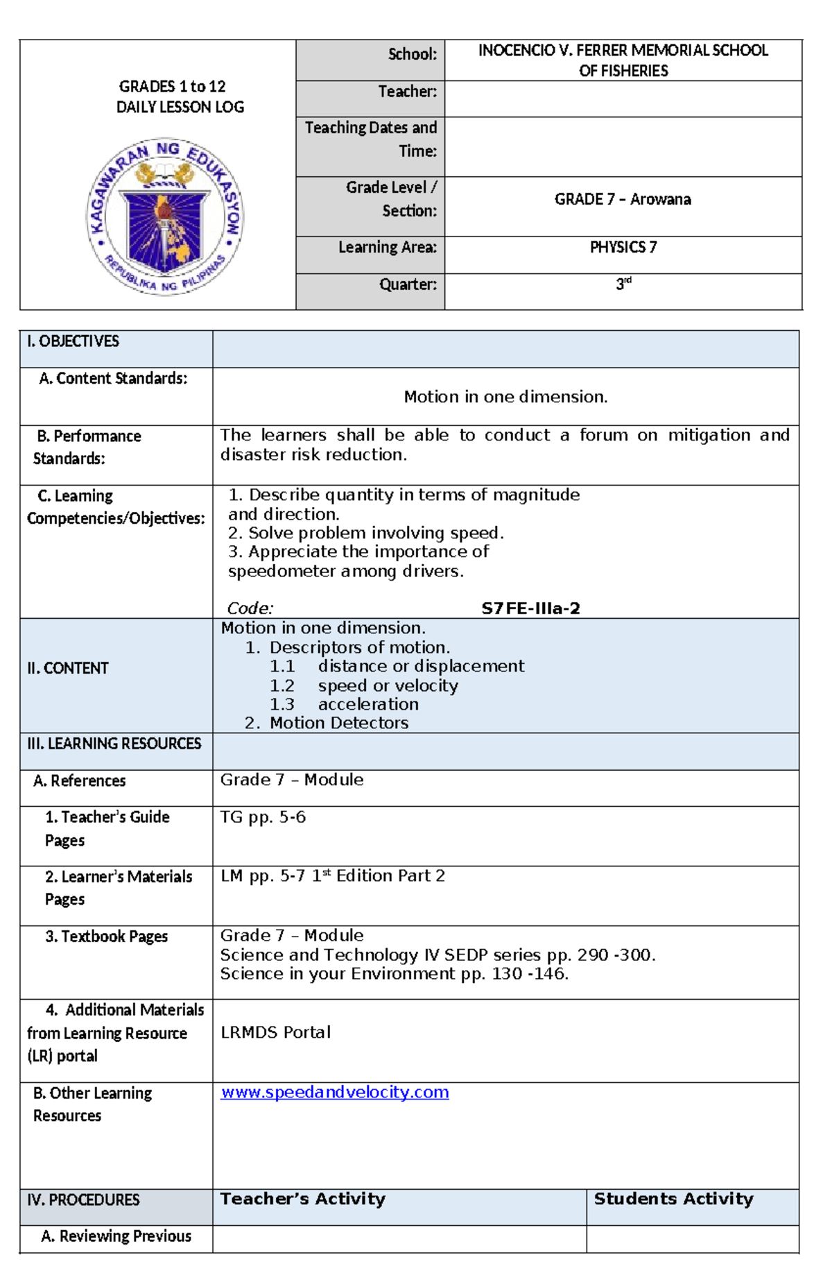 PPST PLAN speed - lesson planning - GRADES 1 to 12 DAILY LESSON LOG ...