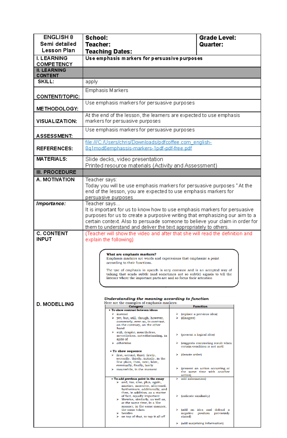 English 8 - Explicit Lesson Plan - ENGLISH 8 Semi detailed Lesson Plan ...