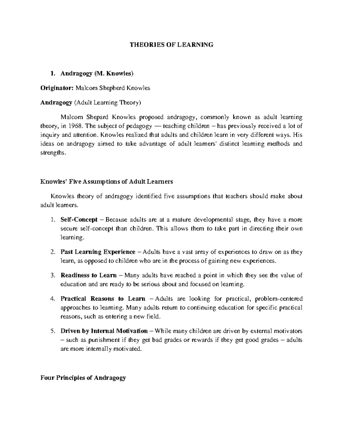 Theories OF Learning - THEORIES OF LEARNING 1. Andragogy (M. Knowles ...